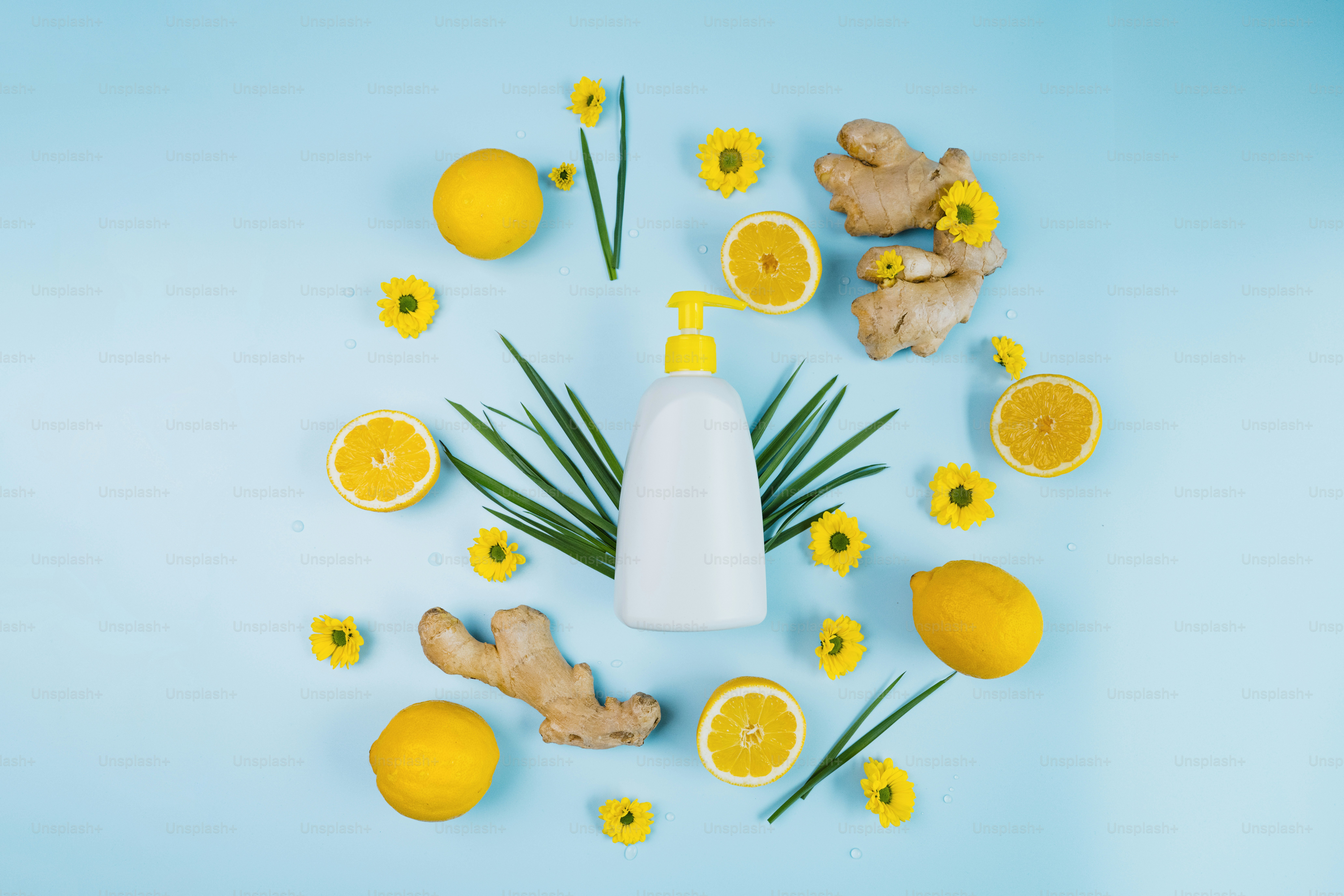 A bottle of lotion surrounded by lemons and ginger photo – Ginger Image ...