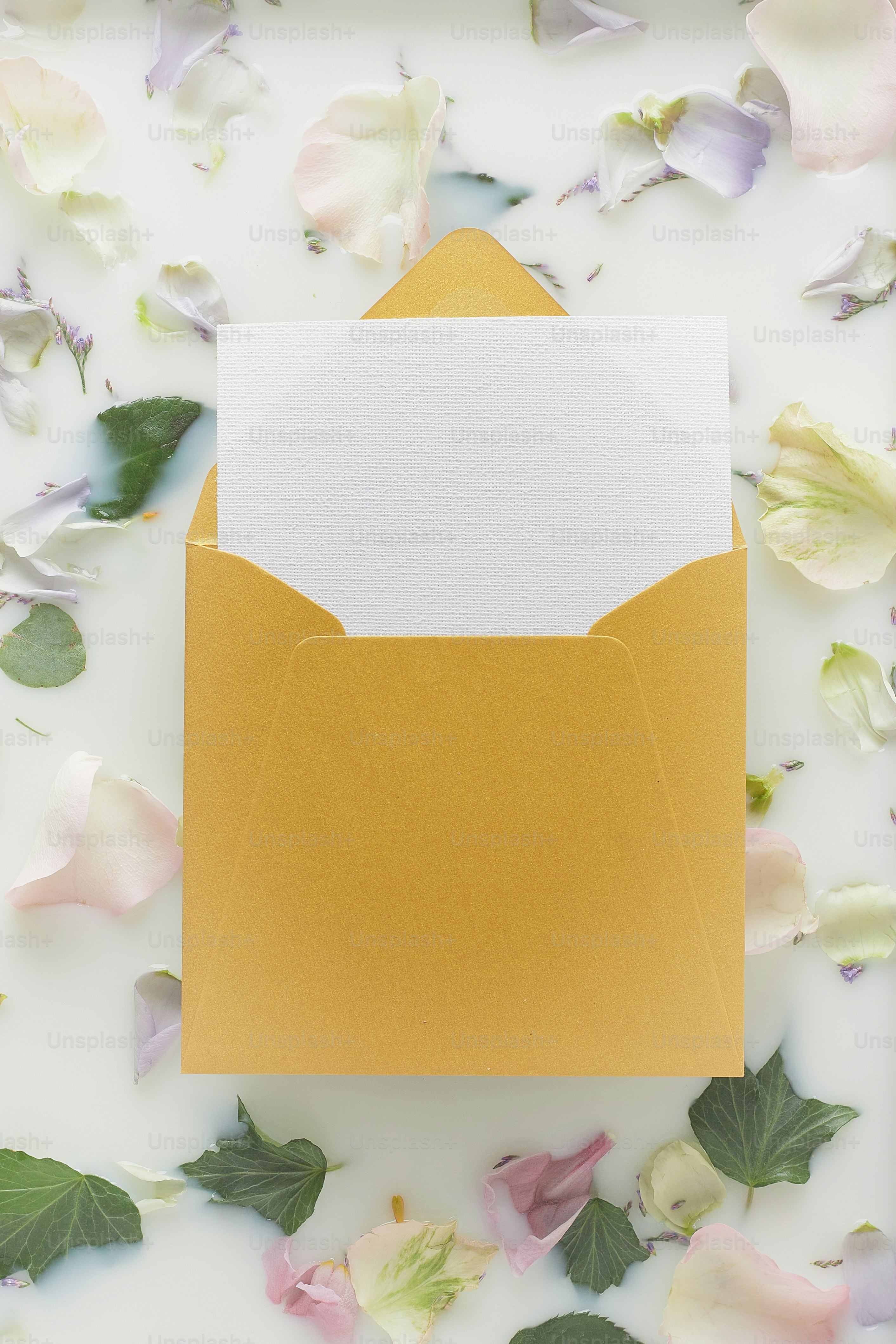 A white envelope with a pink paper inside surrounded by flowers photo ...