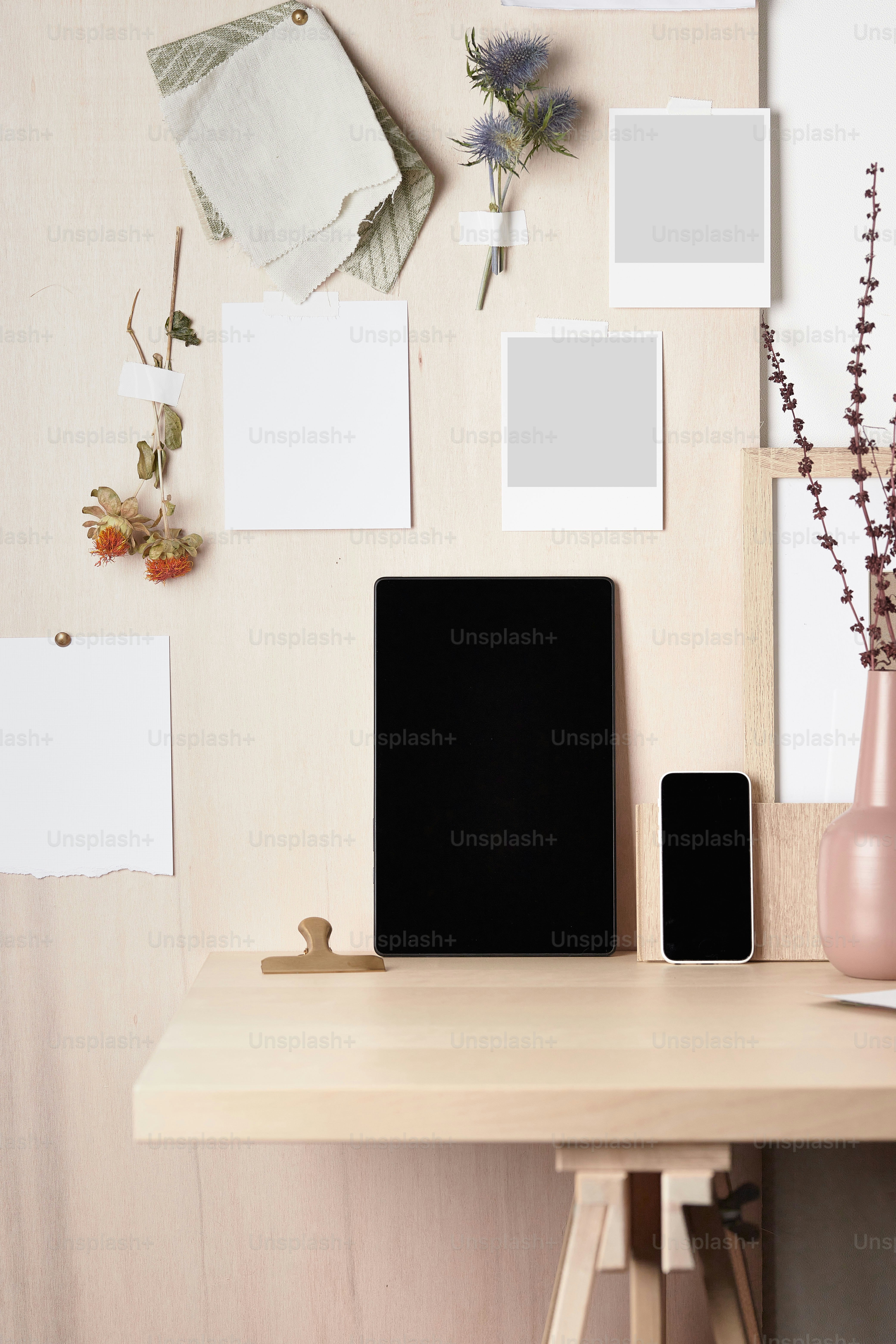 A wooden desk topped with a laptop computer photo – Mock up Image on ...