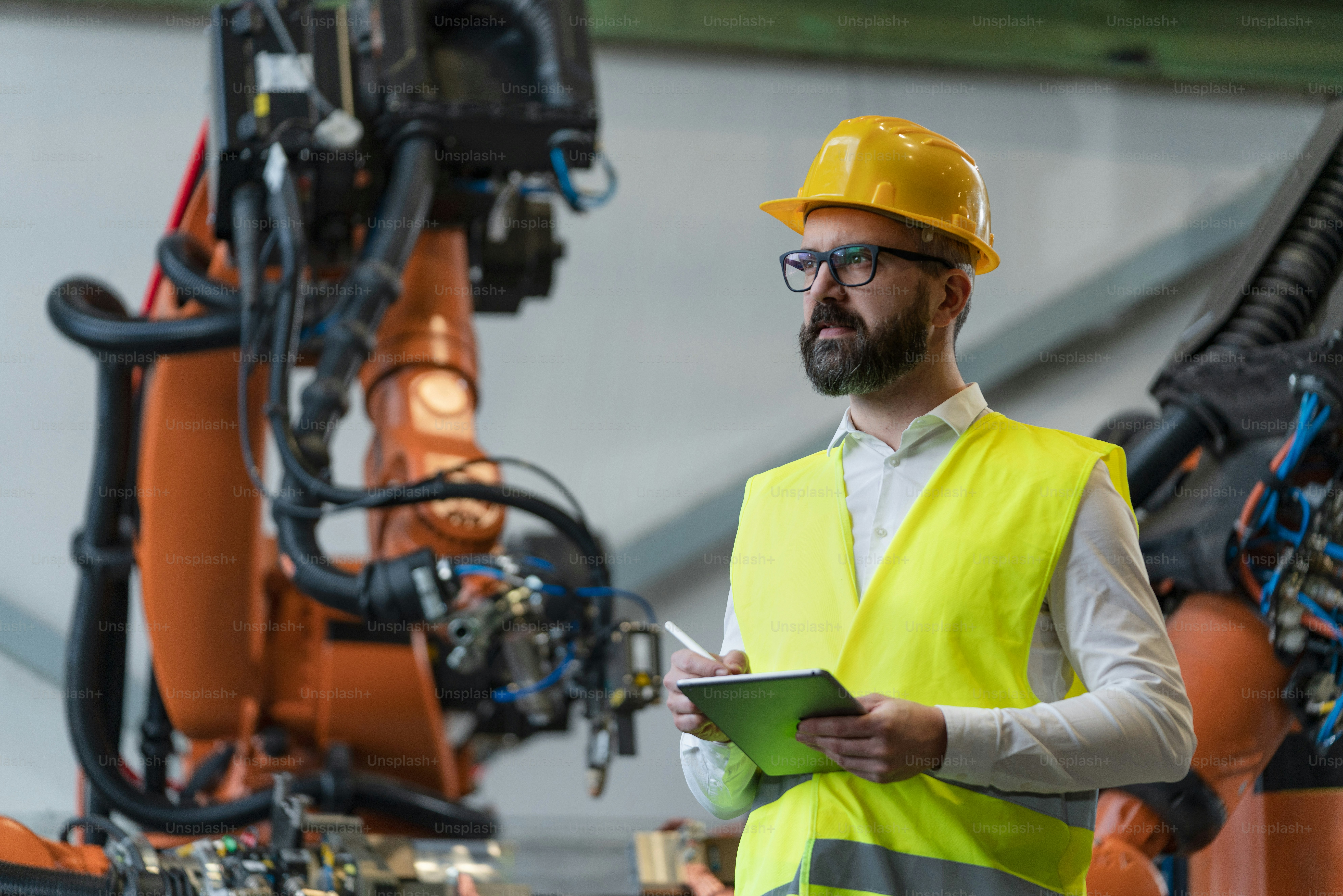 A close-up of automation engineer holding scanner in industrial in ...