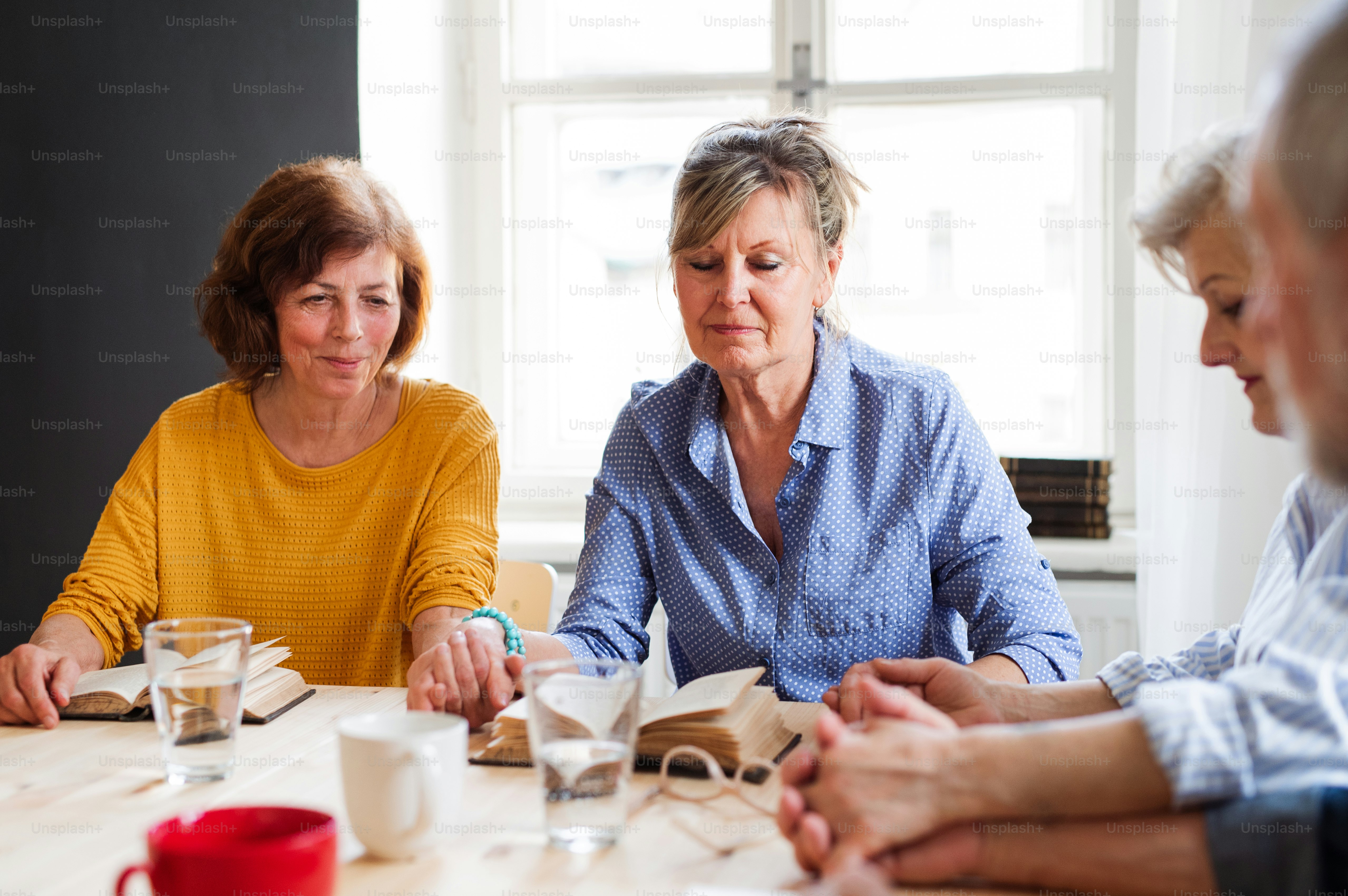Senior people in bible reading group in community center club, praying ...