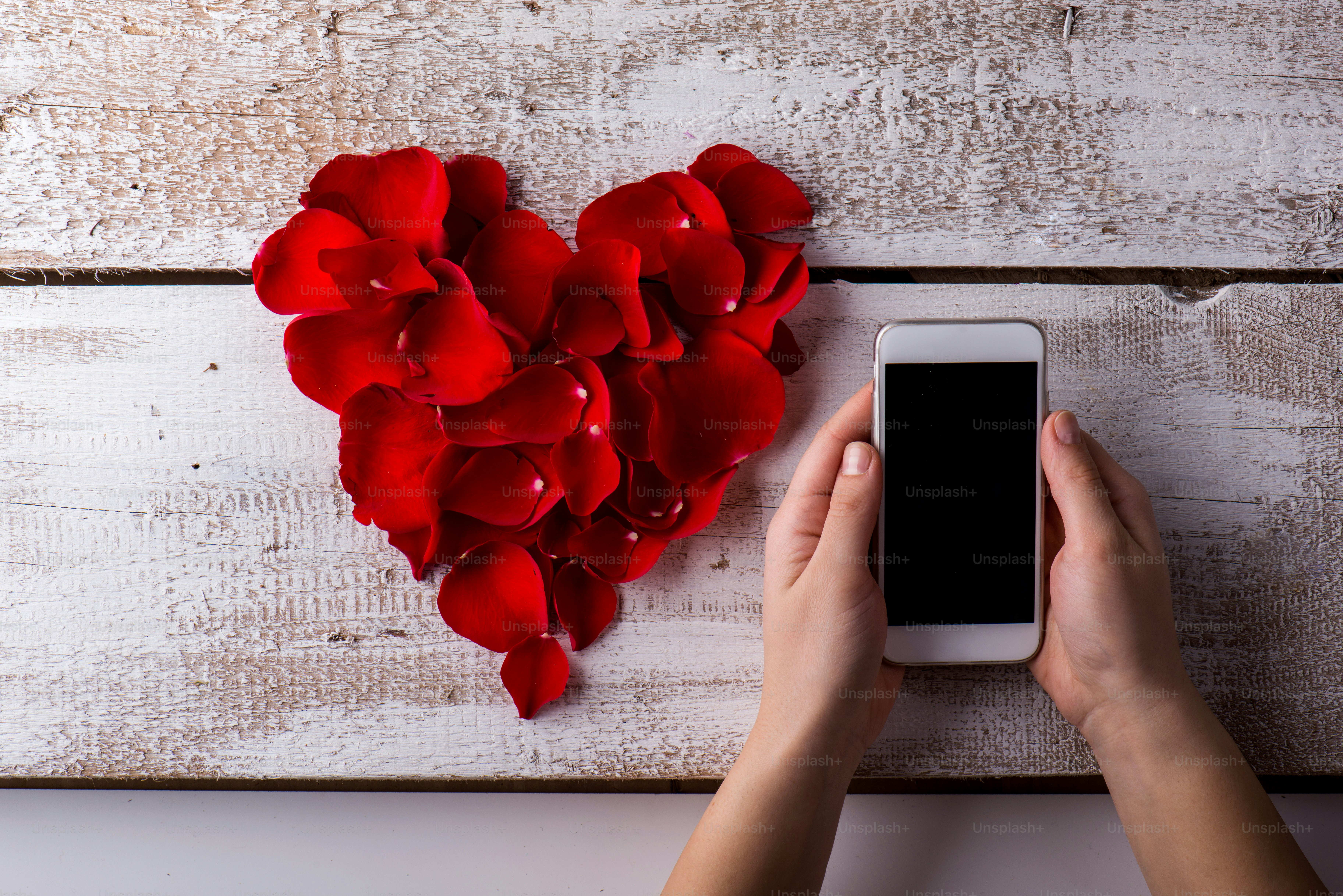 Valentines day composition. Studio shot on white wooden background ...