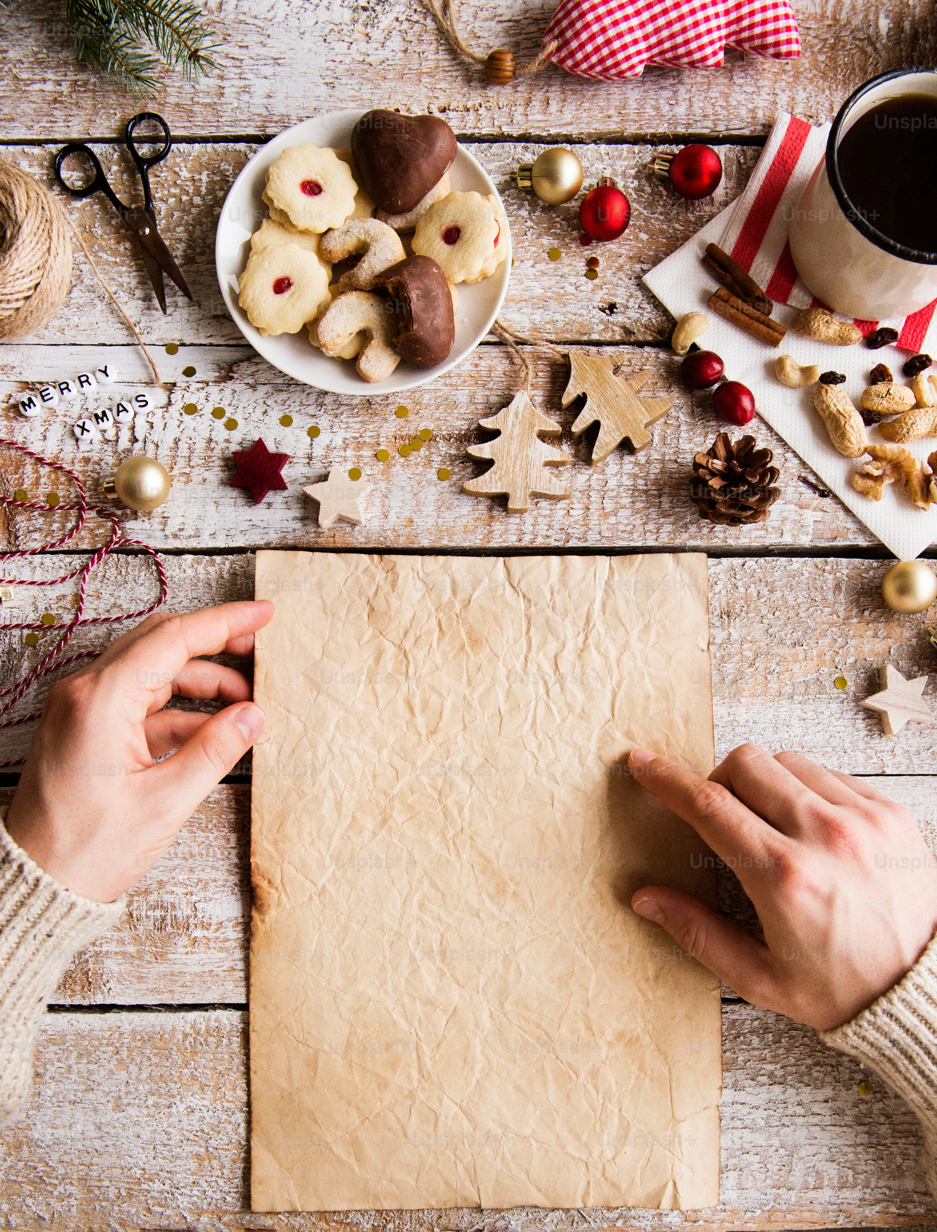 Christmas composition on a vintage wooden background. Flat lay. Copy ...