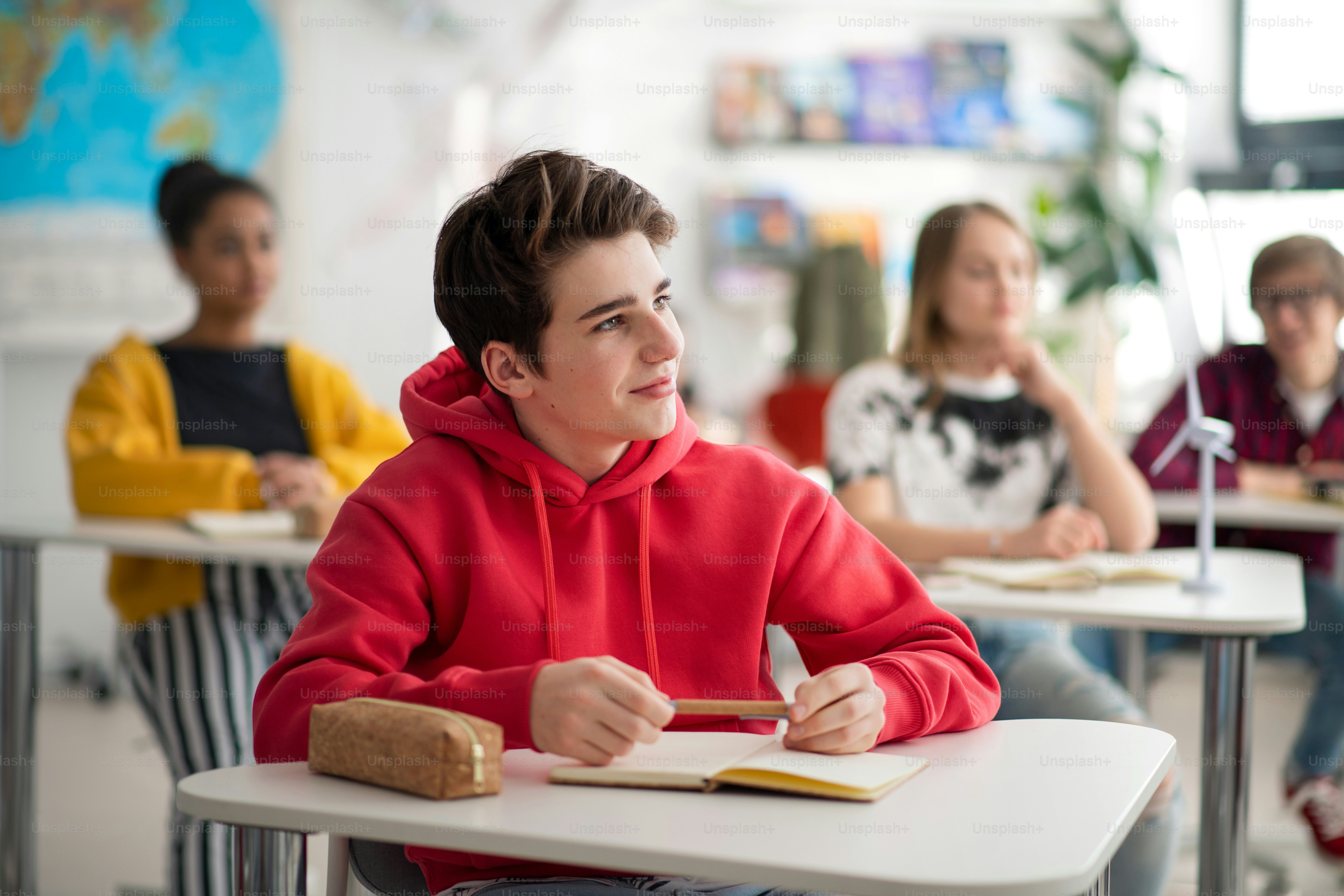 Students paying attention in a class, sitting in their school desks ...