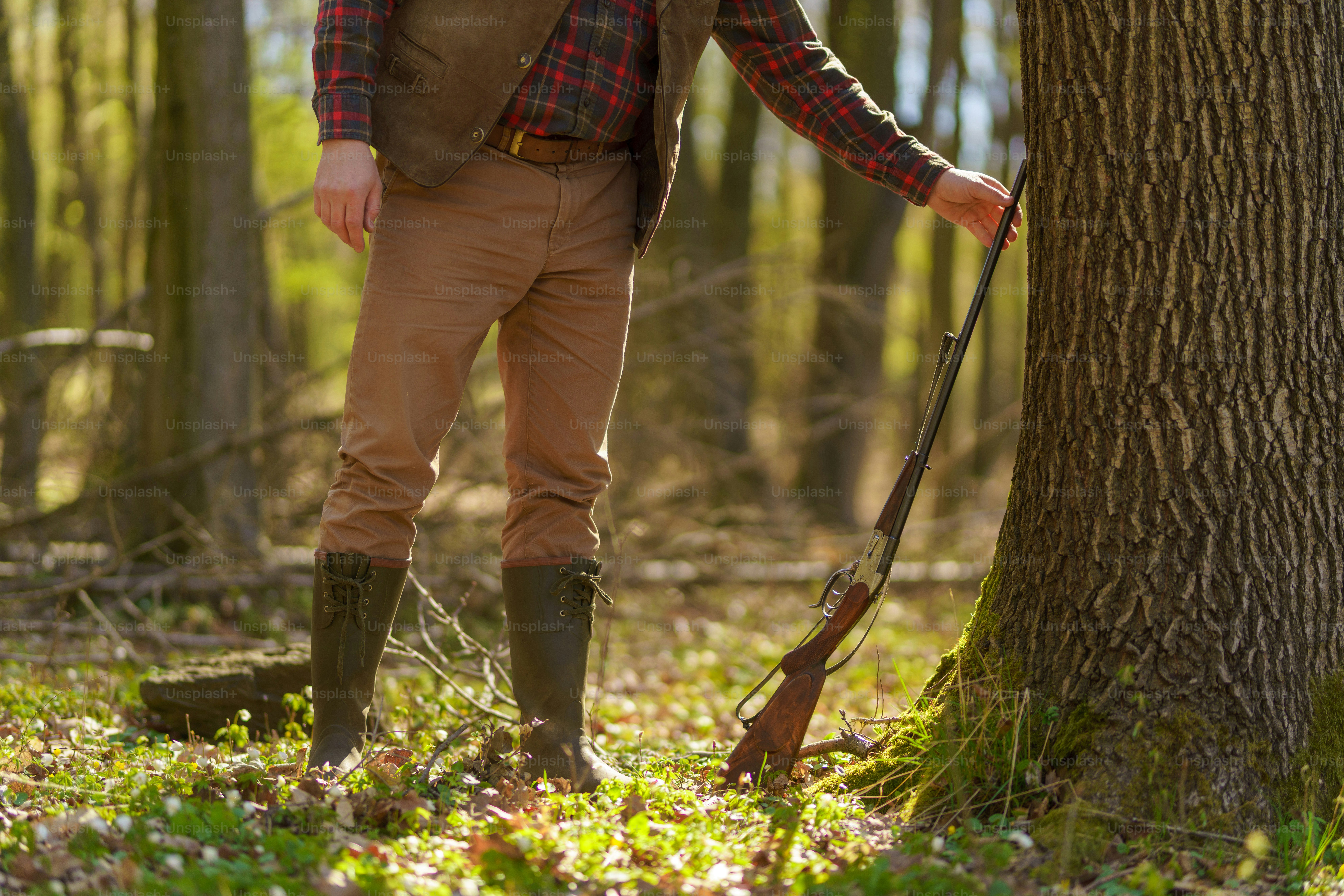 A side view of hunter man aiming with rifle gun on prey in forest ...