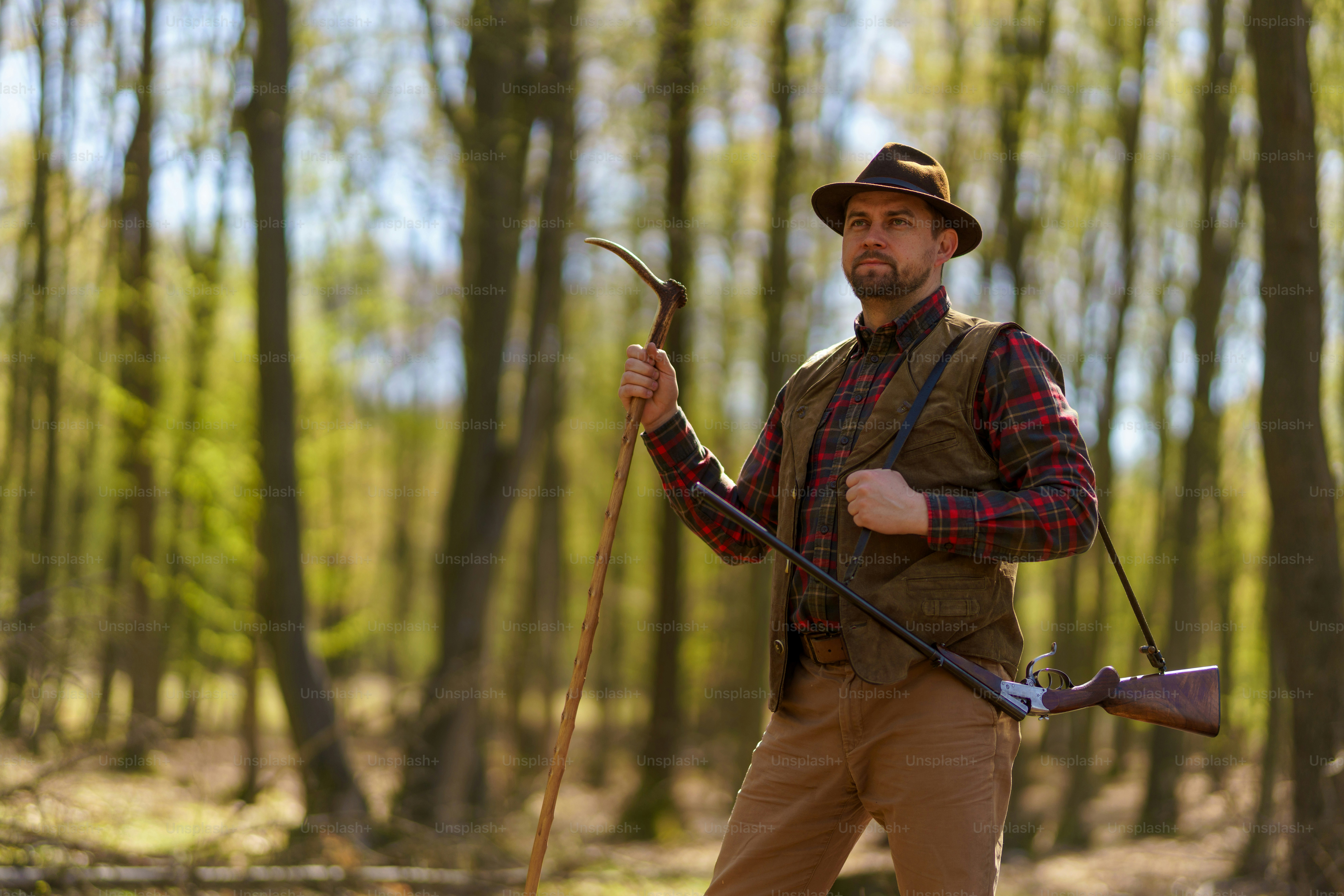 A hunter man with rifle gun waiting for prey in forest. photo – Gun ...