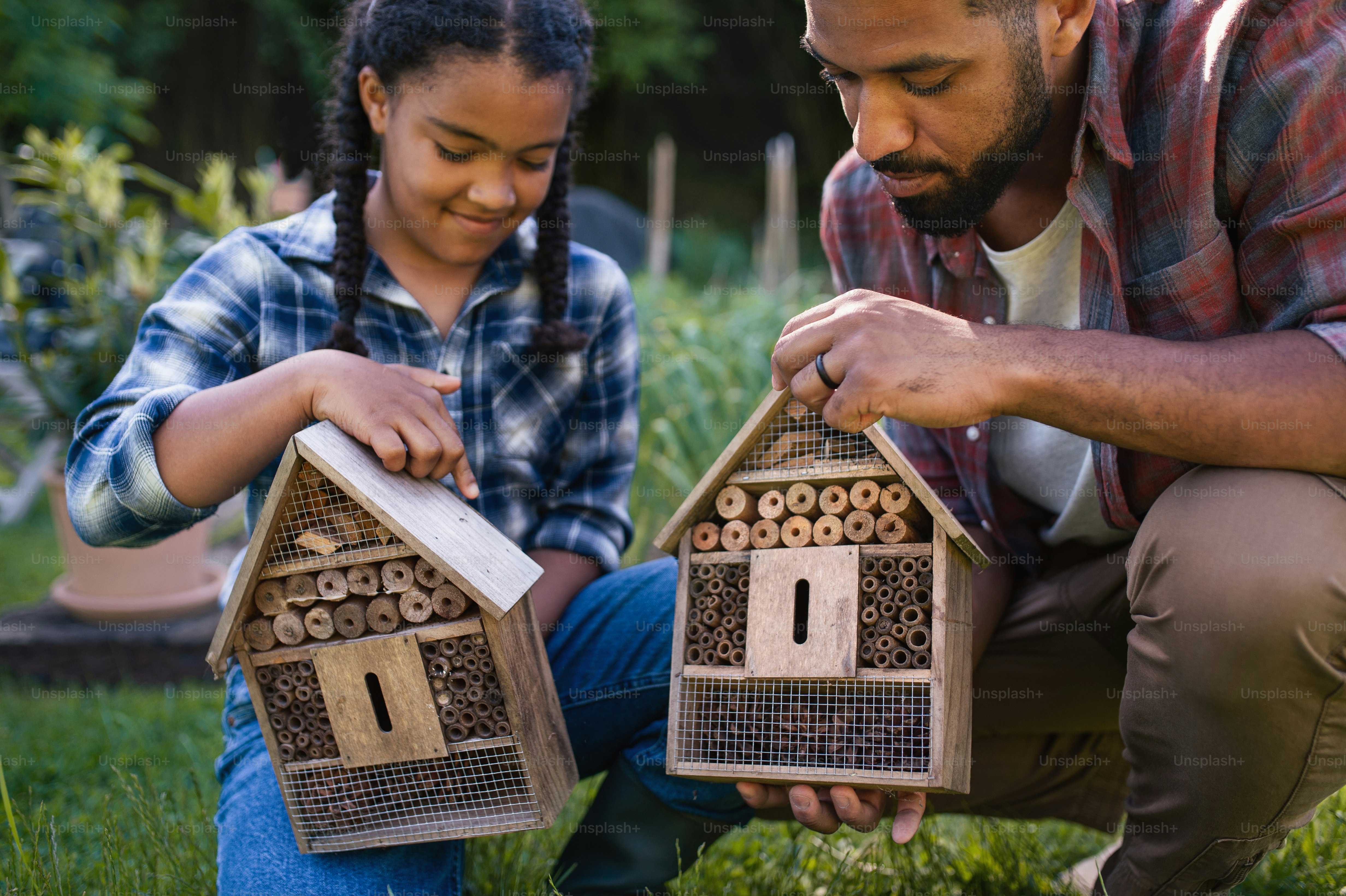 A happy young man with small sister holding bug hotels outdoors in ...