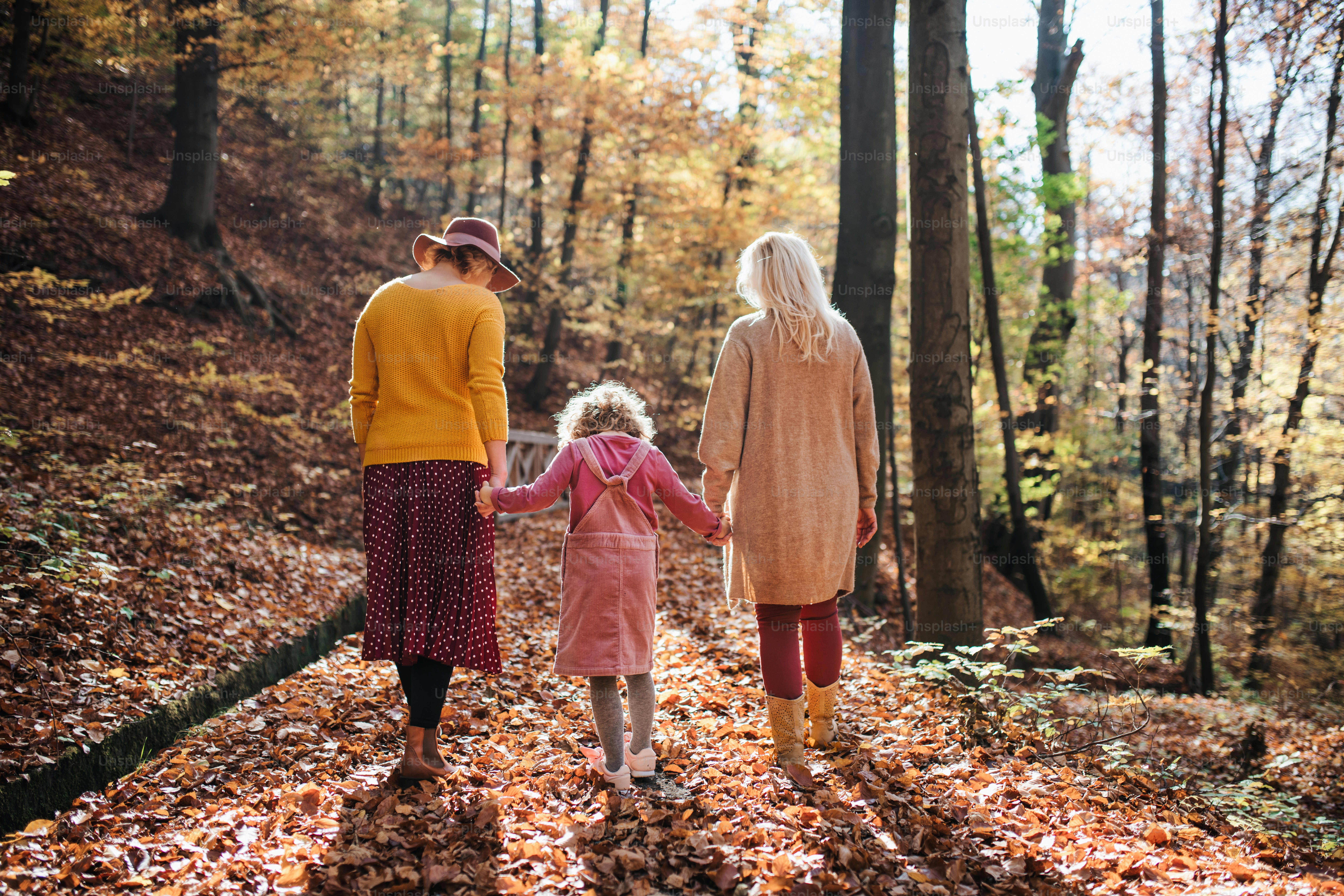 Foto Vista Trasera De Una Niña Pequeña Con Madre Y Abuela En Un Paseo