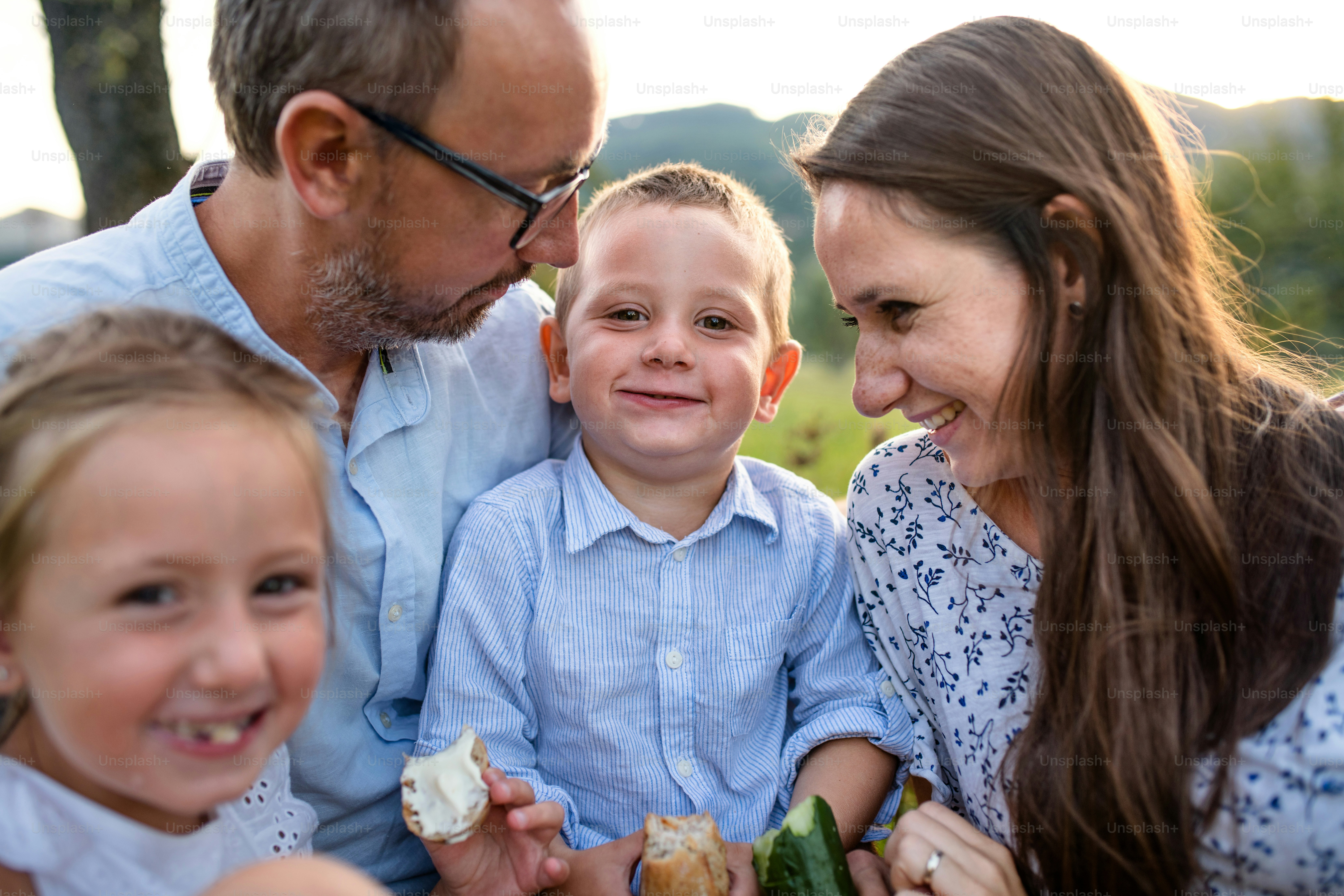 A young family with two small children on meadow outdoors, having ...
