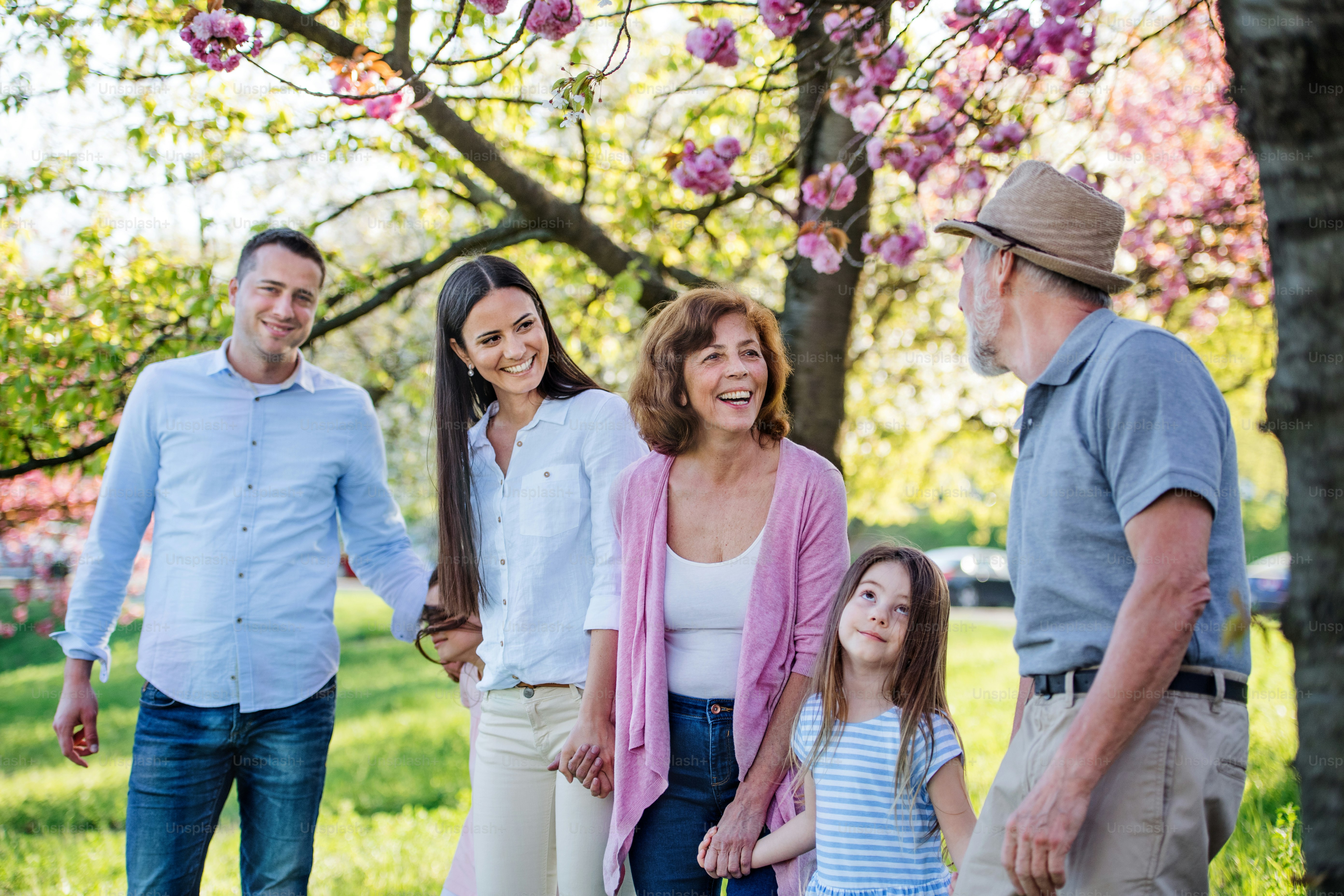 Three generation family on a walk outside in spring nature, holding ...