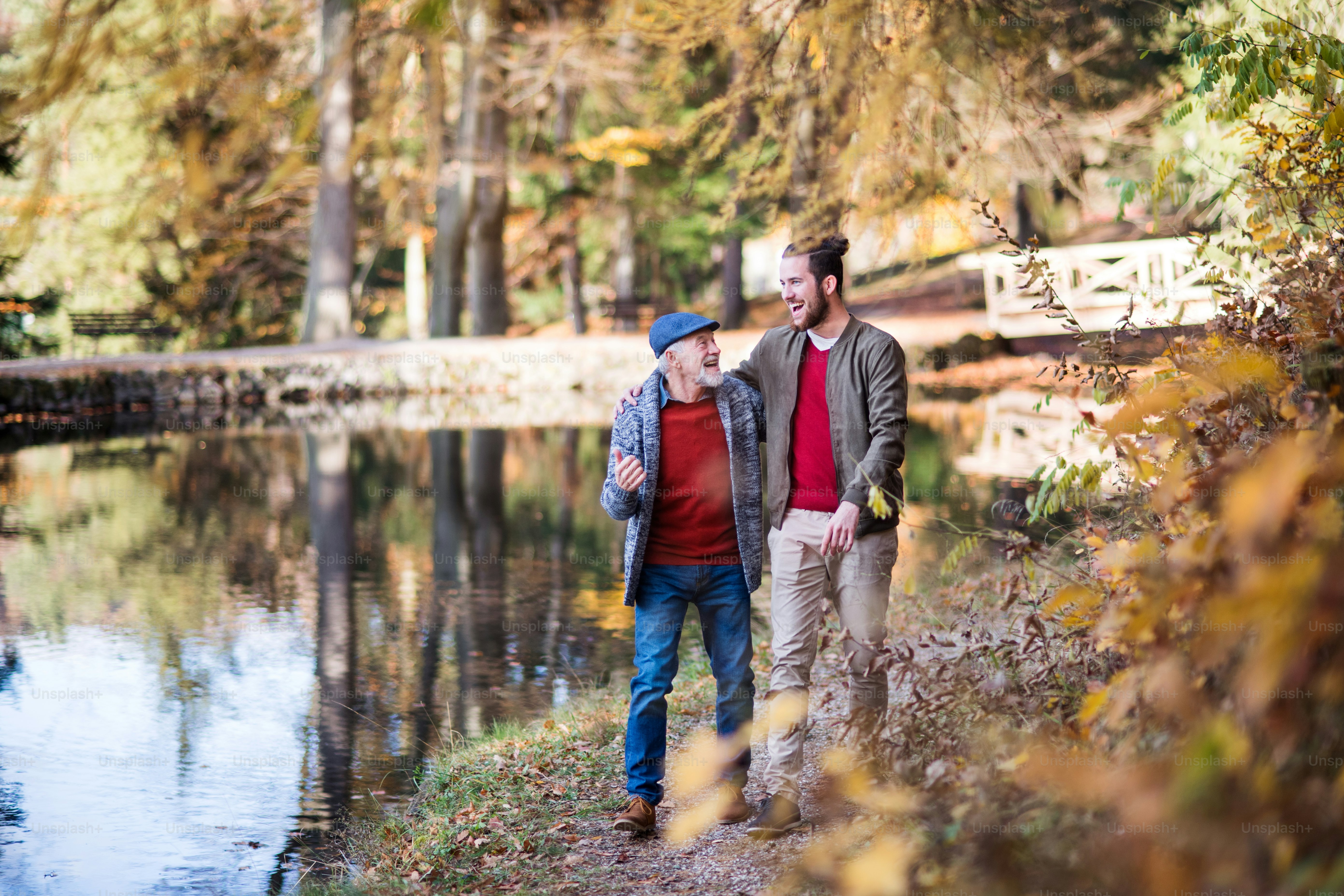 A senior father and his son on walk in nature, standing and talking ...
