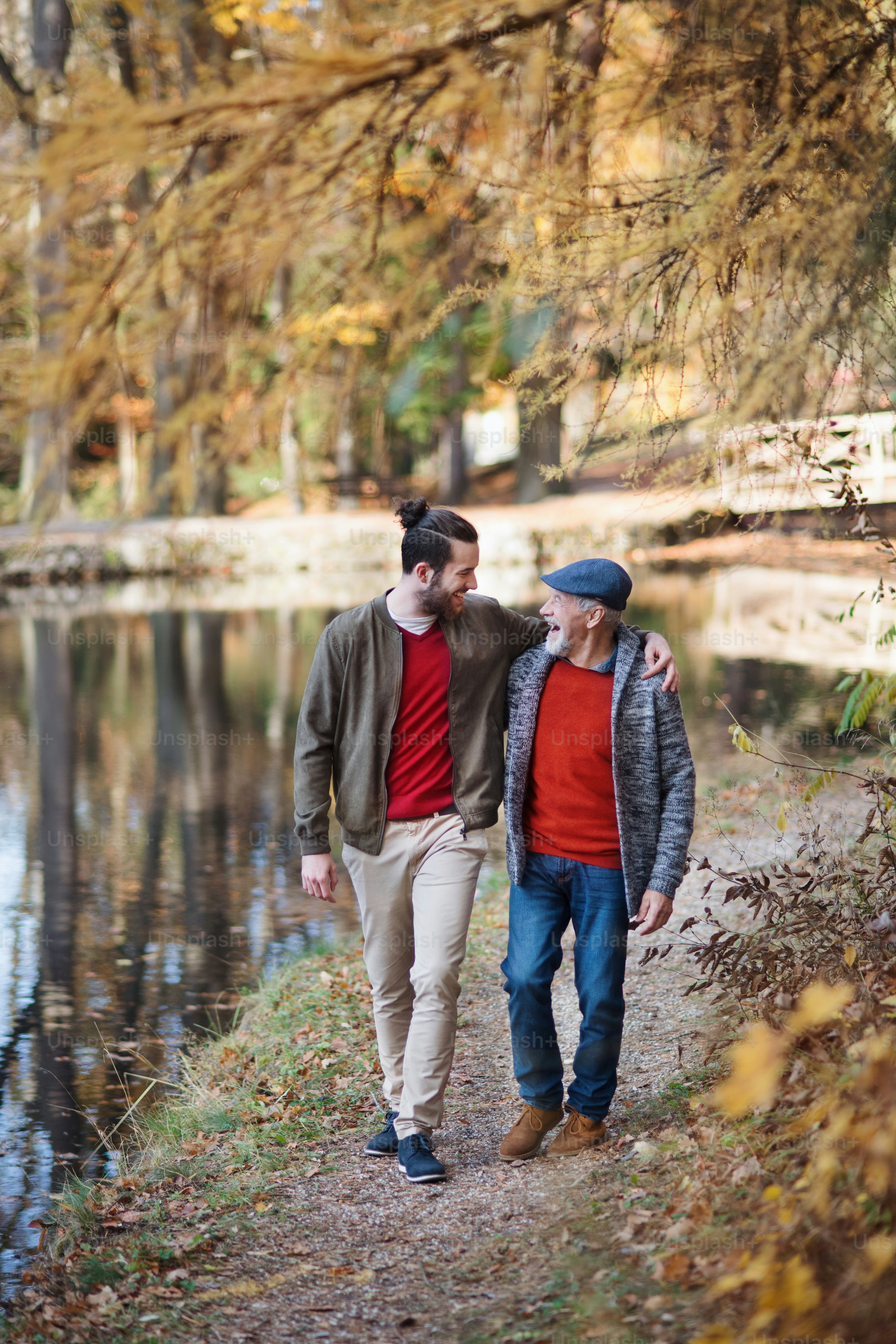 A senior father and his son on walk in nature, standing and talking ...