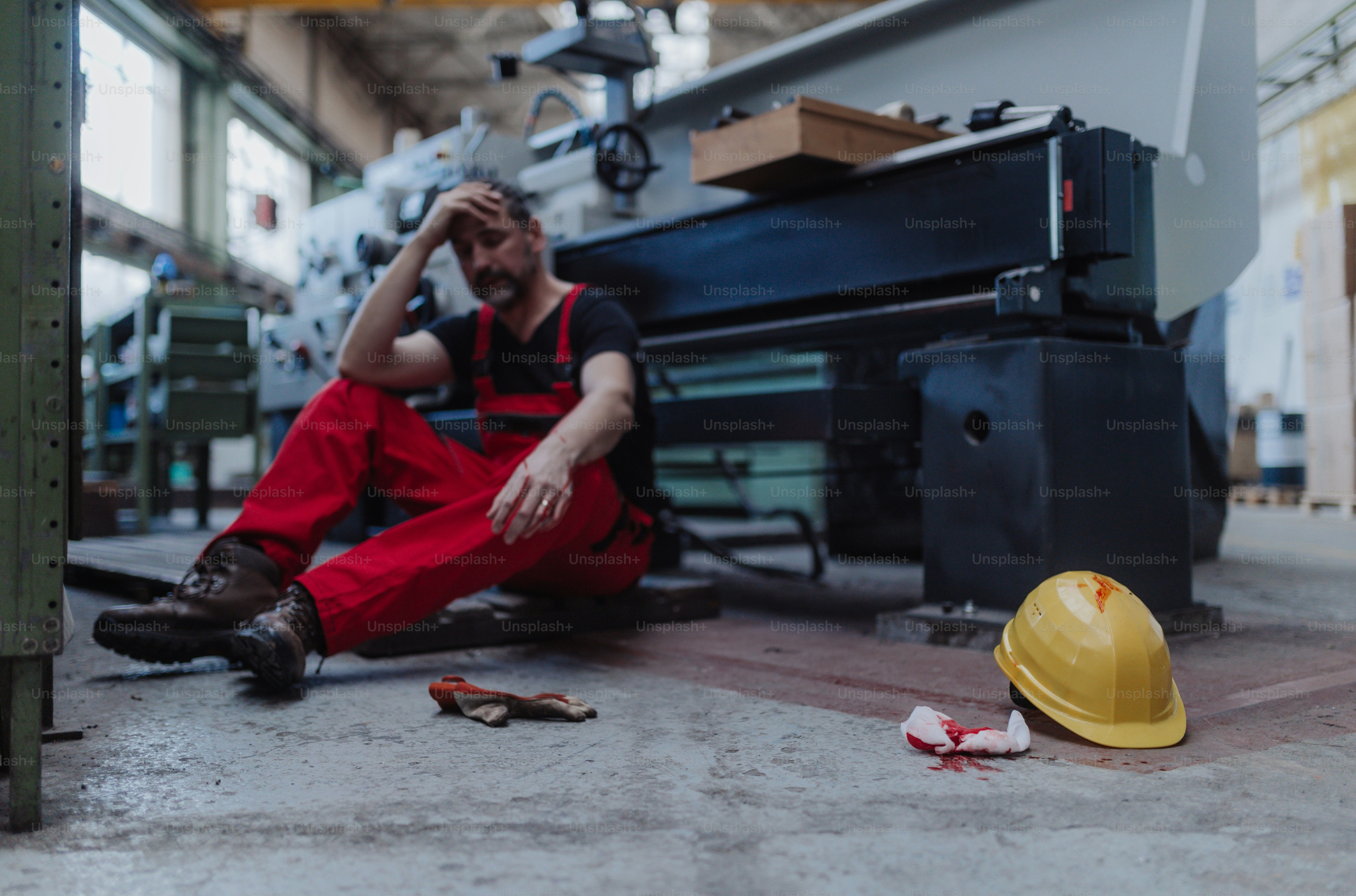 A woman is helping her colleague after accident in factory. First aid ...