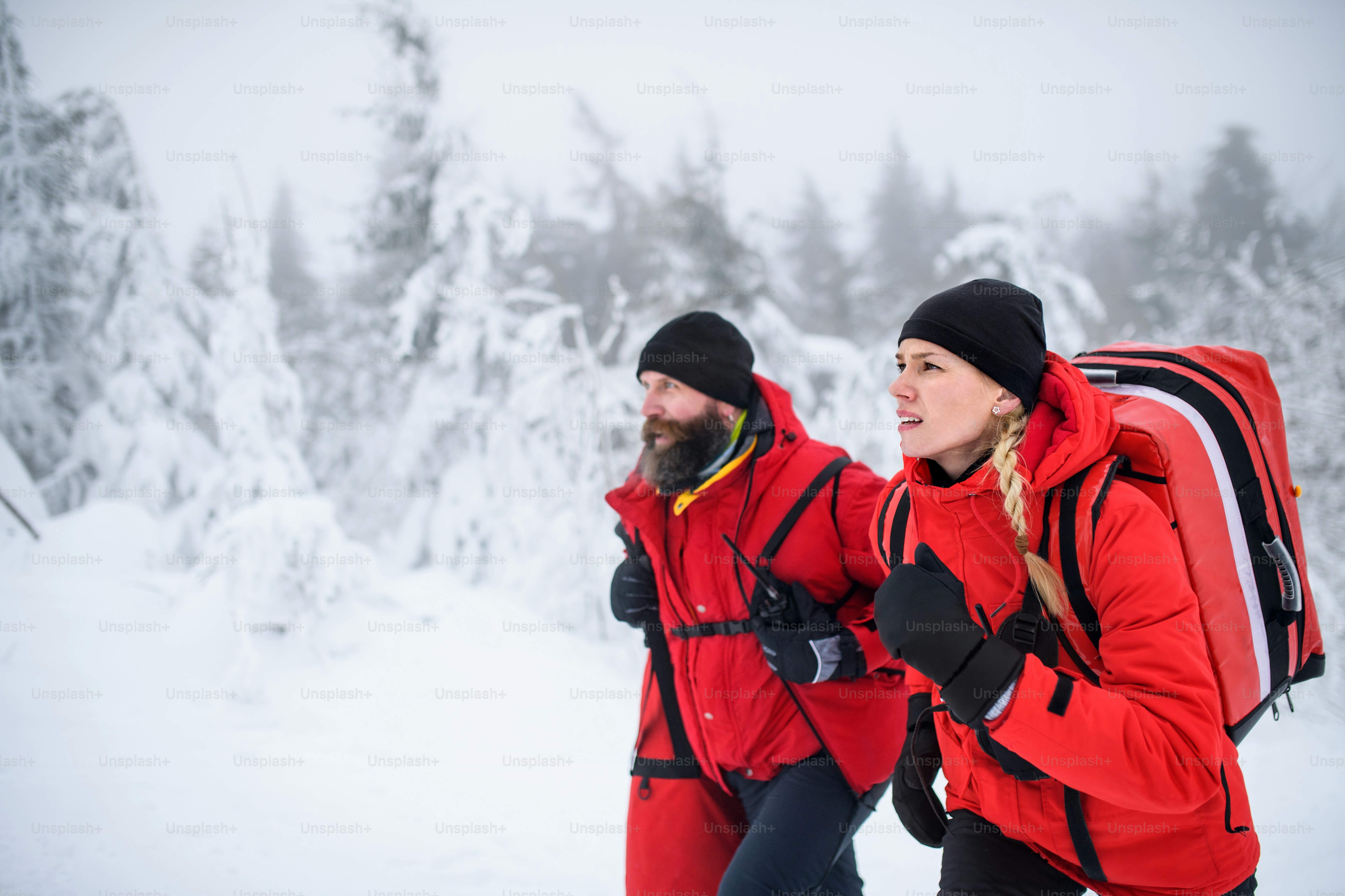 Paramedics from mountain rescue service walking and talking outdoors in ...