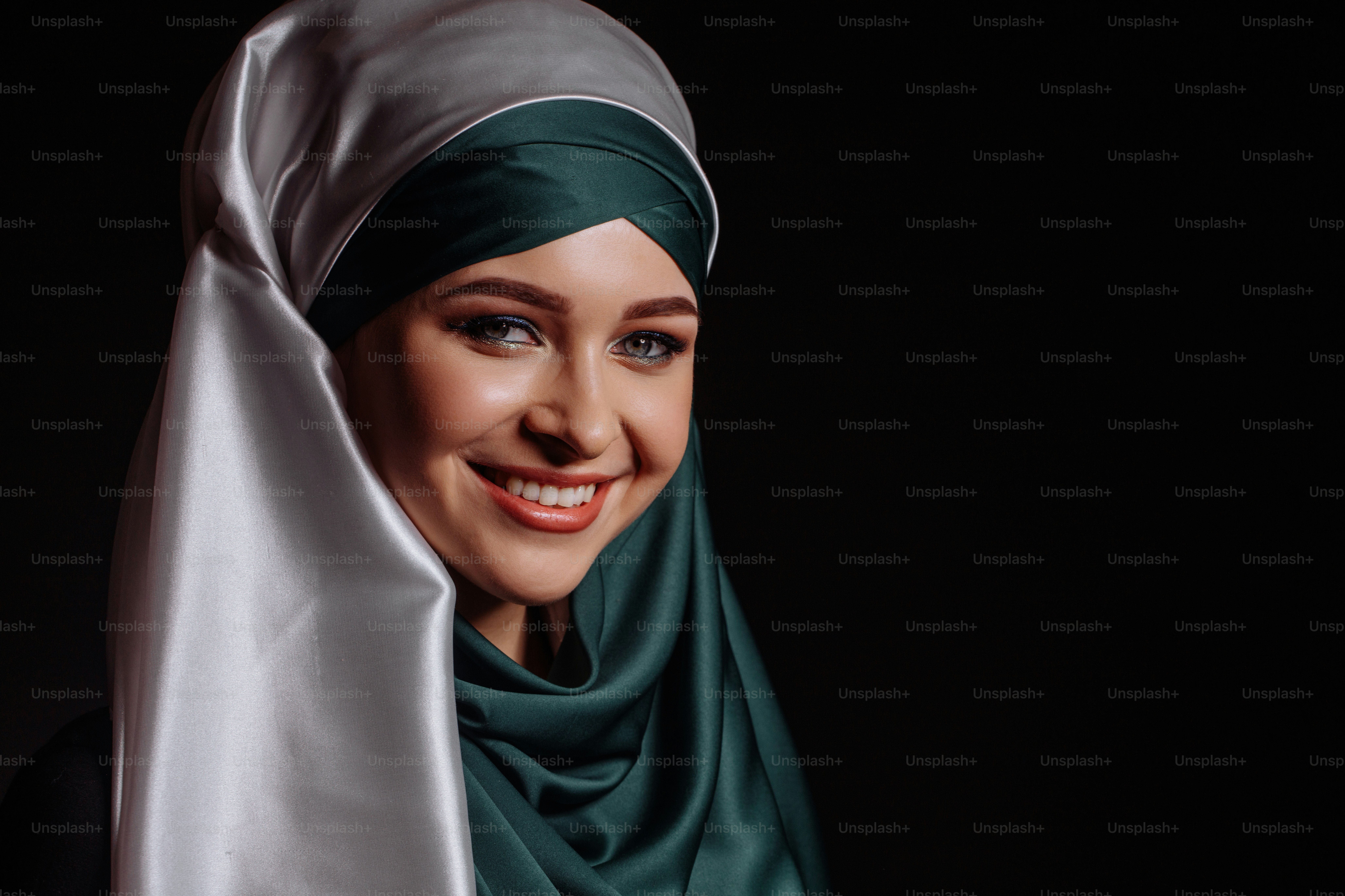 Laughing Muslim girl in satin green hijab photo – Close-up Image on ...