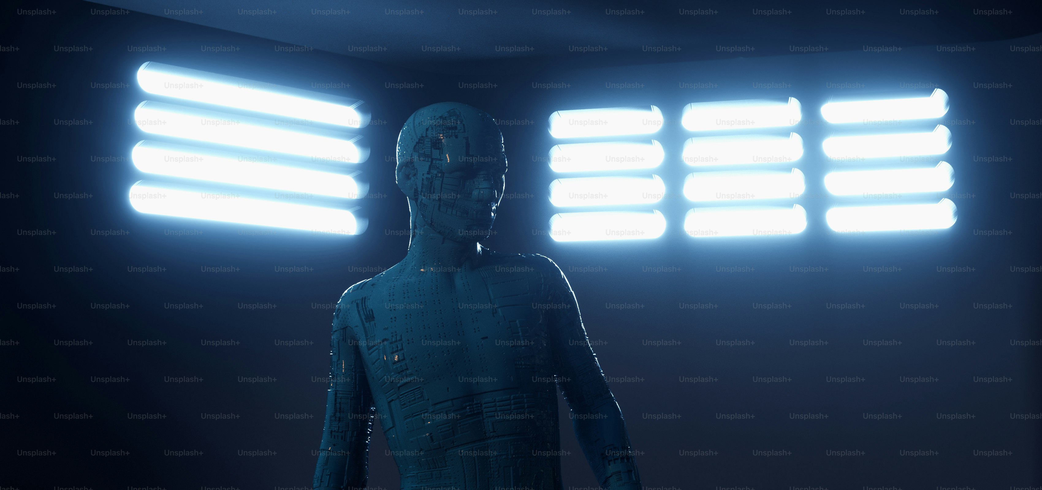 Futuristic robot with glowing circuits in a science laboratory ...