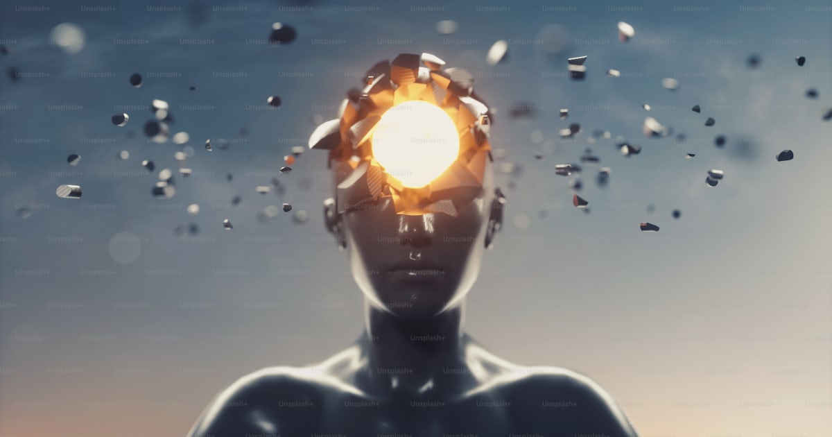 떠 있는 조각들이 있는 인간의 추상적인 초상화 인공 지능과 메타버스 개념 이것은 3d 렌더링 그림입니다 사진