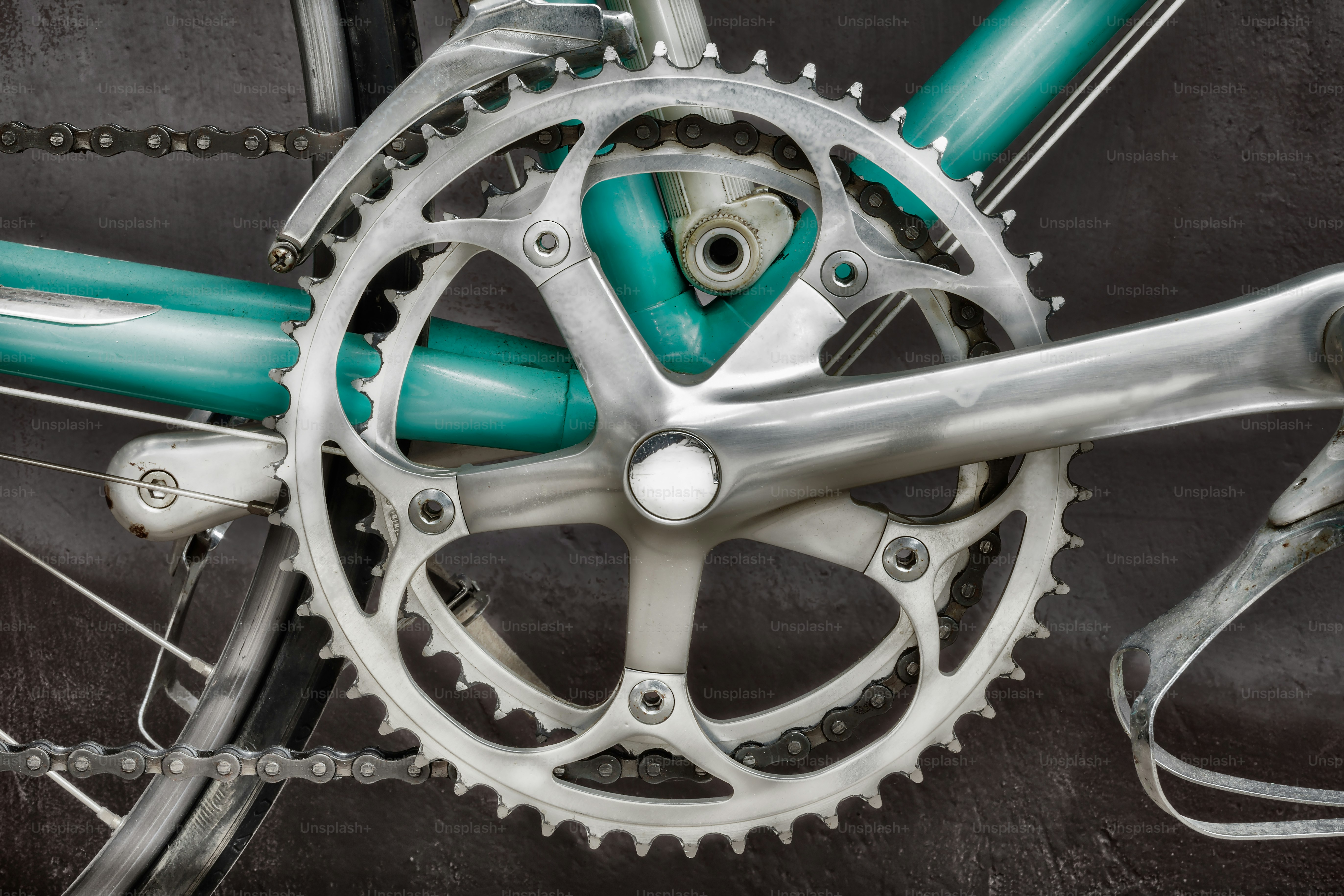 Close up of the derailleur of a vintage seventies light blue racing ...