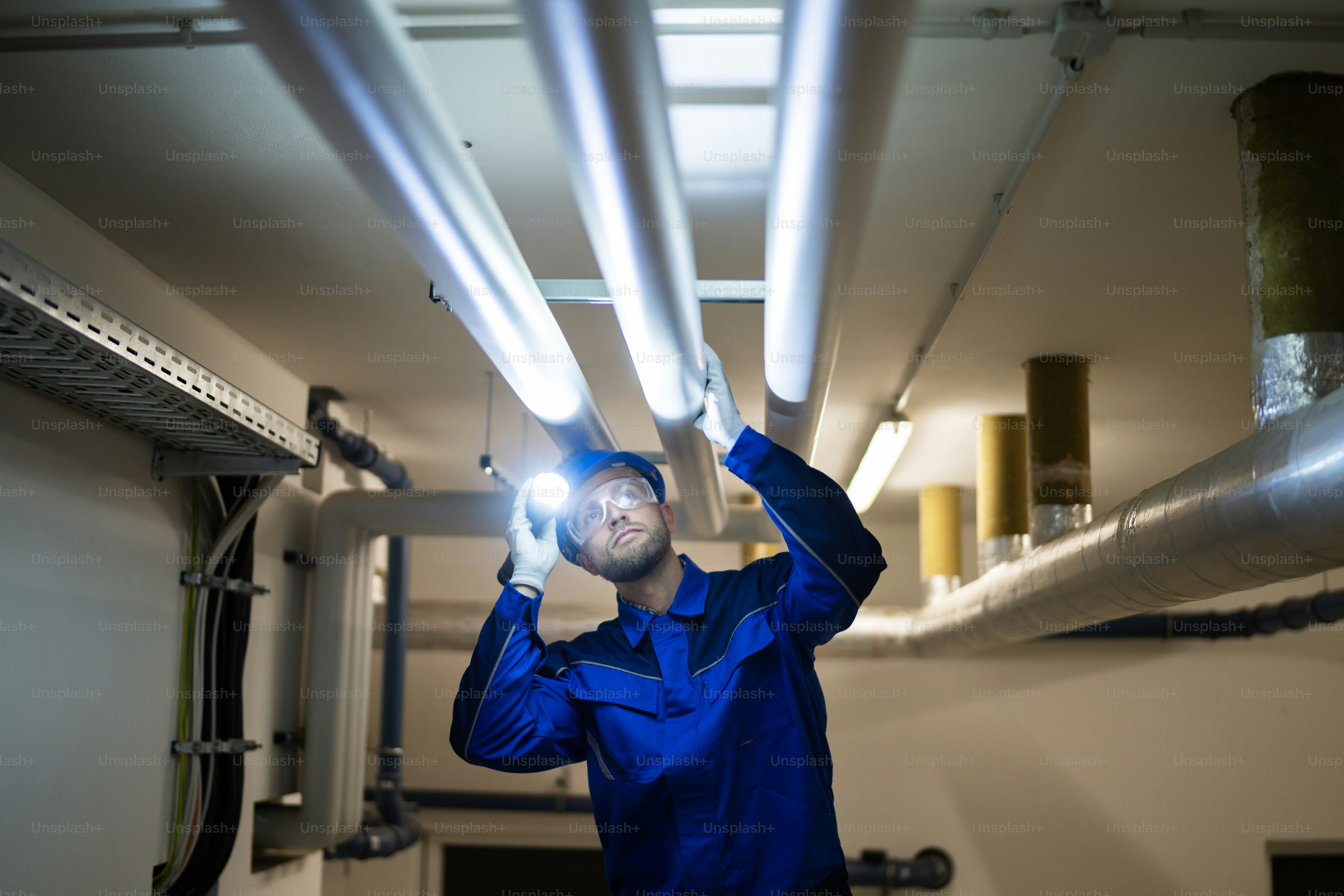PVC Water Pipe Inspection By Construction Worker photo – Flashlight ...