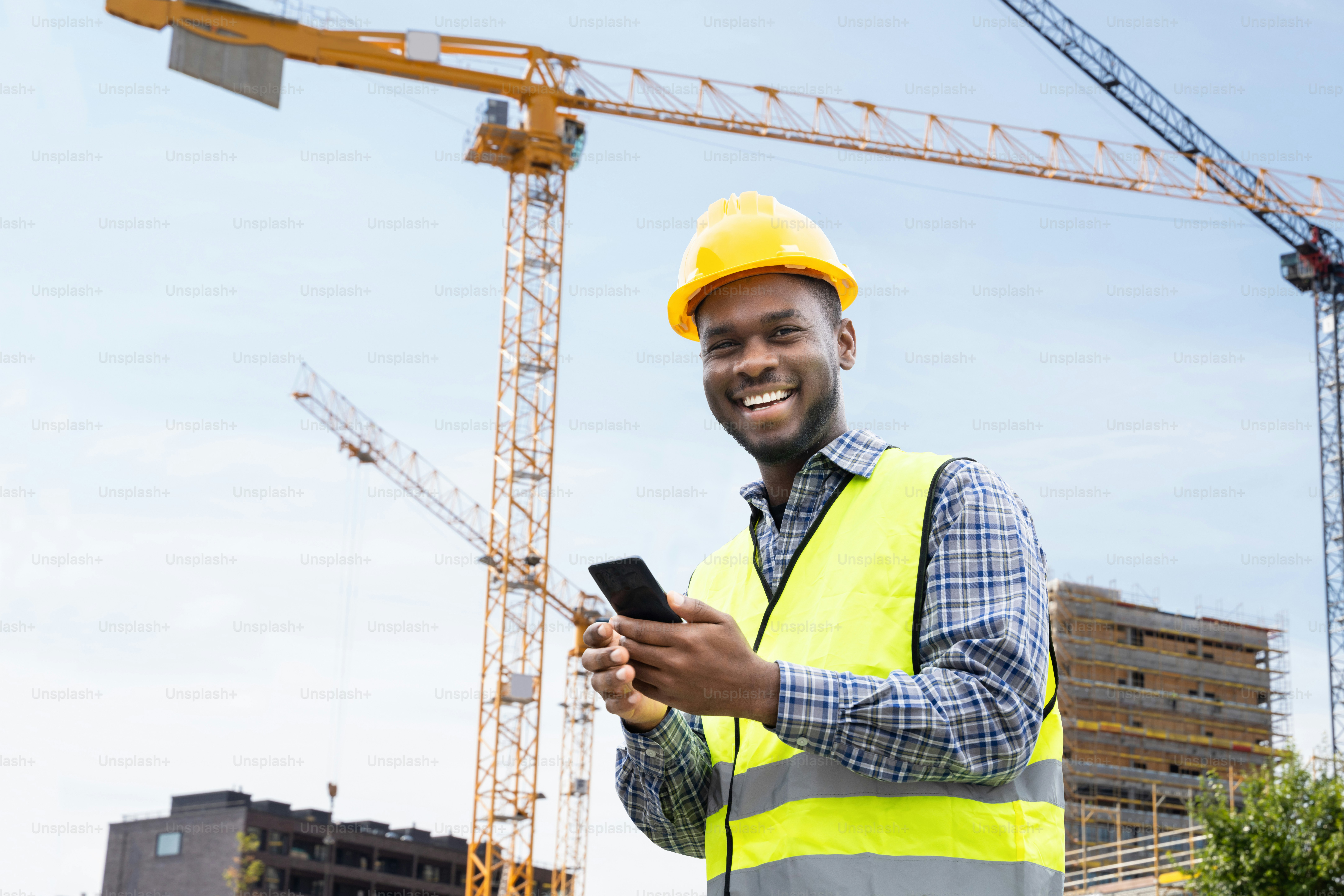 Builder Worker Using Phone. Construction Employee Communication photo ...