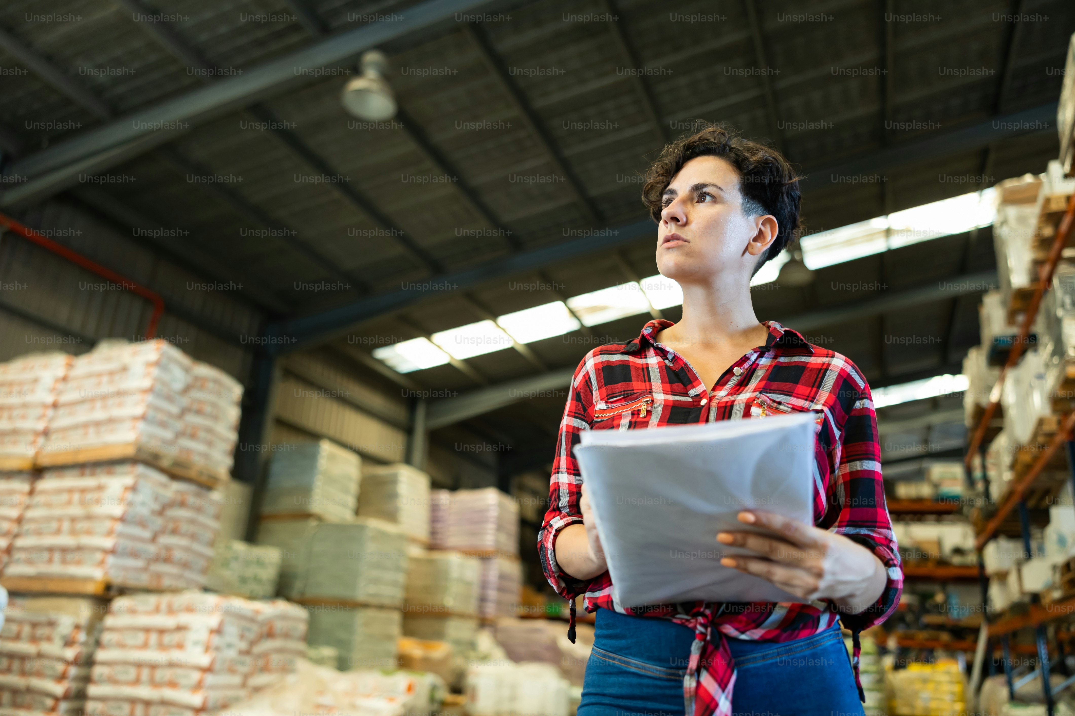 Female storekeeper checks the availability of goods with documents in ...