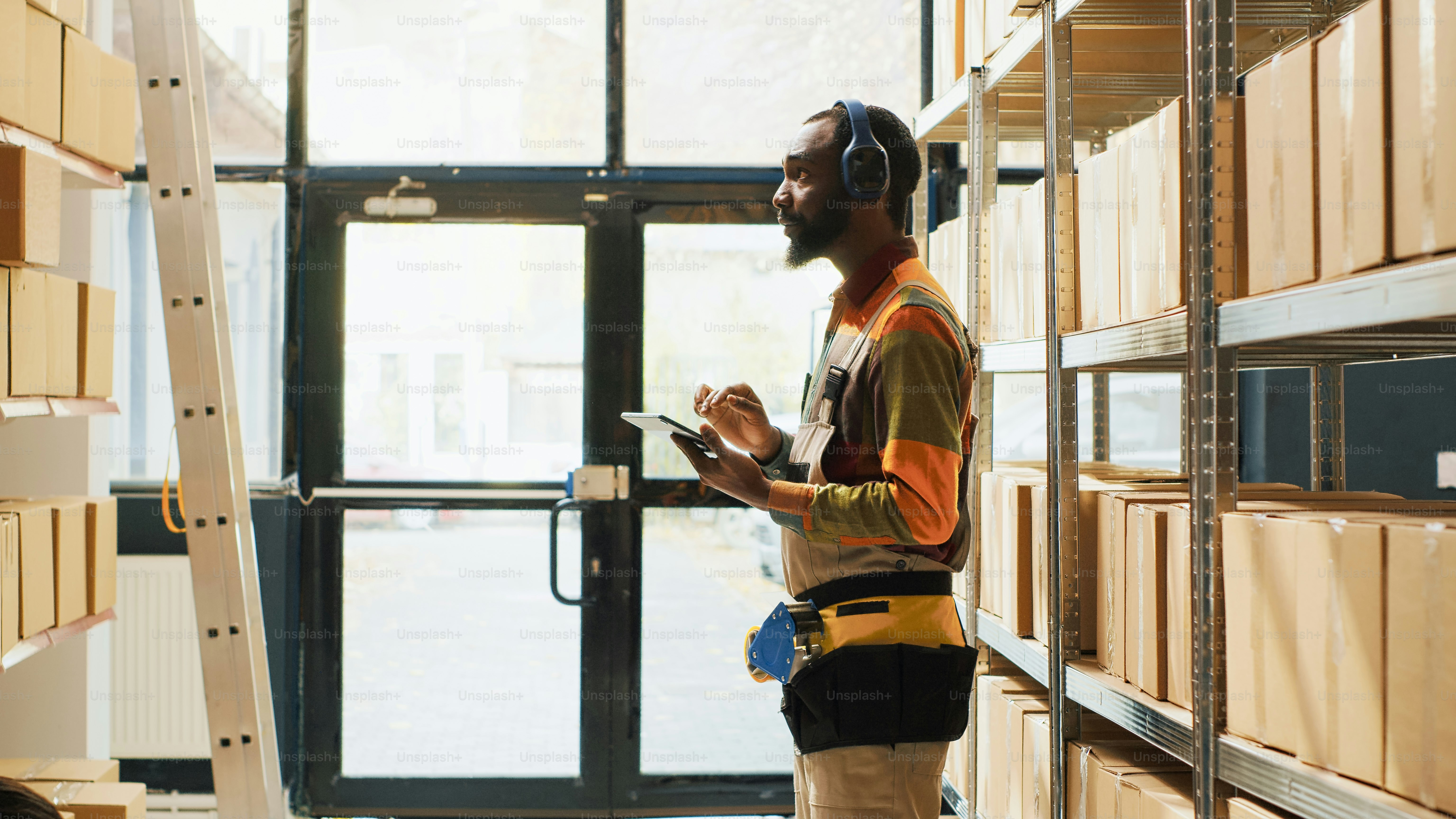 Happy young man listening to music checking boxes in warehouse space ...