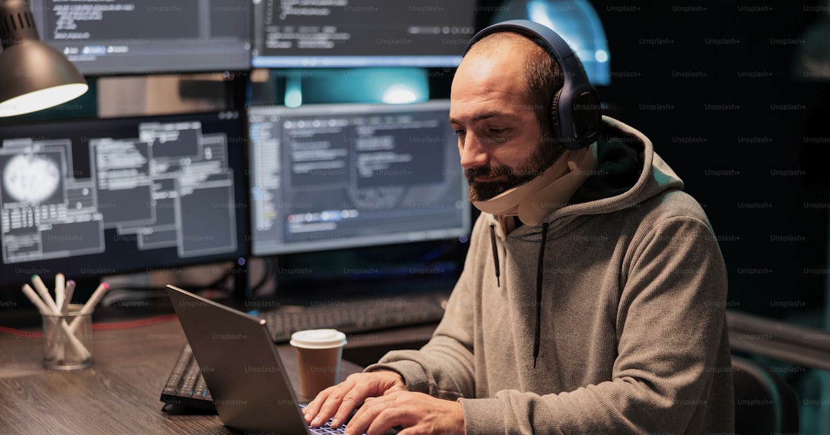 Web Developer With Medical Neck Brace Working On Coding Using Source Code To Develop New User