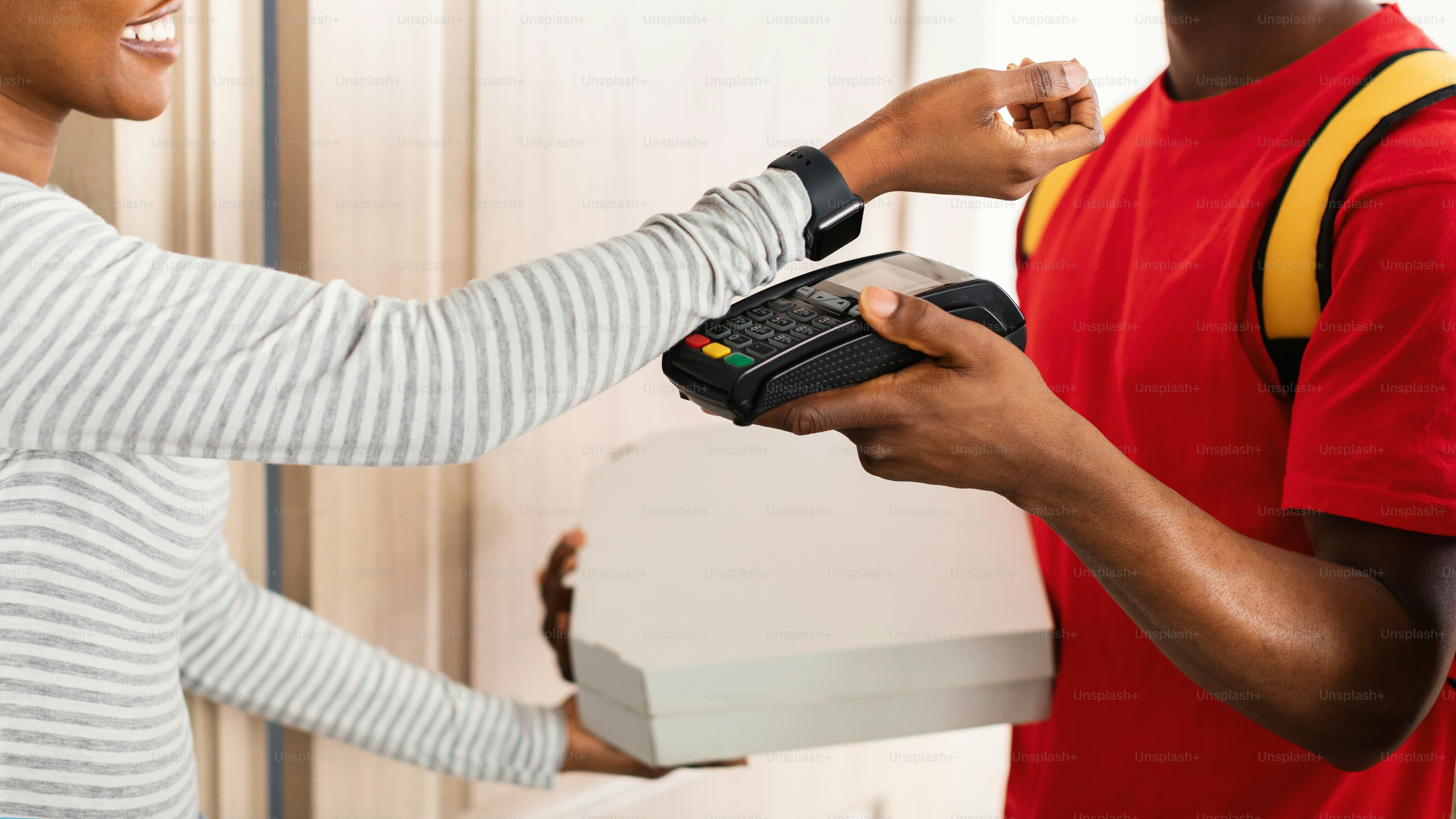 Cropped Shot Of Customer Lady Paying Courier For Parcel Delivery Using ...