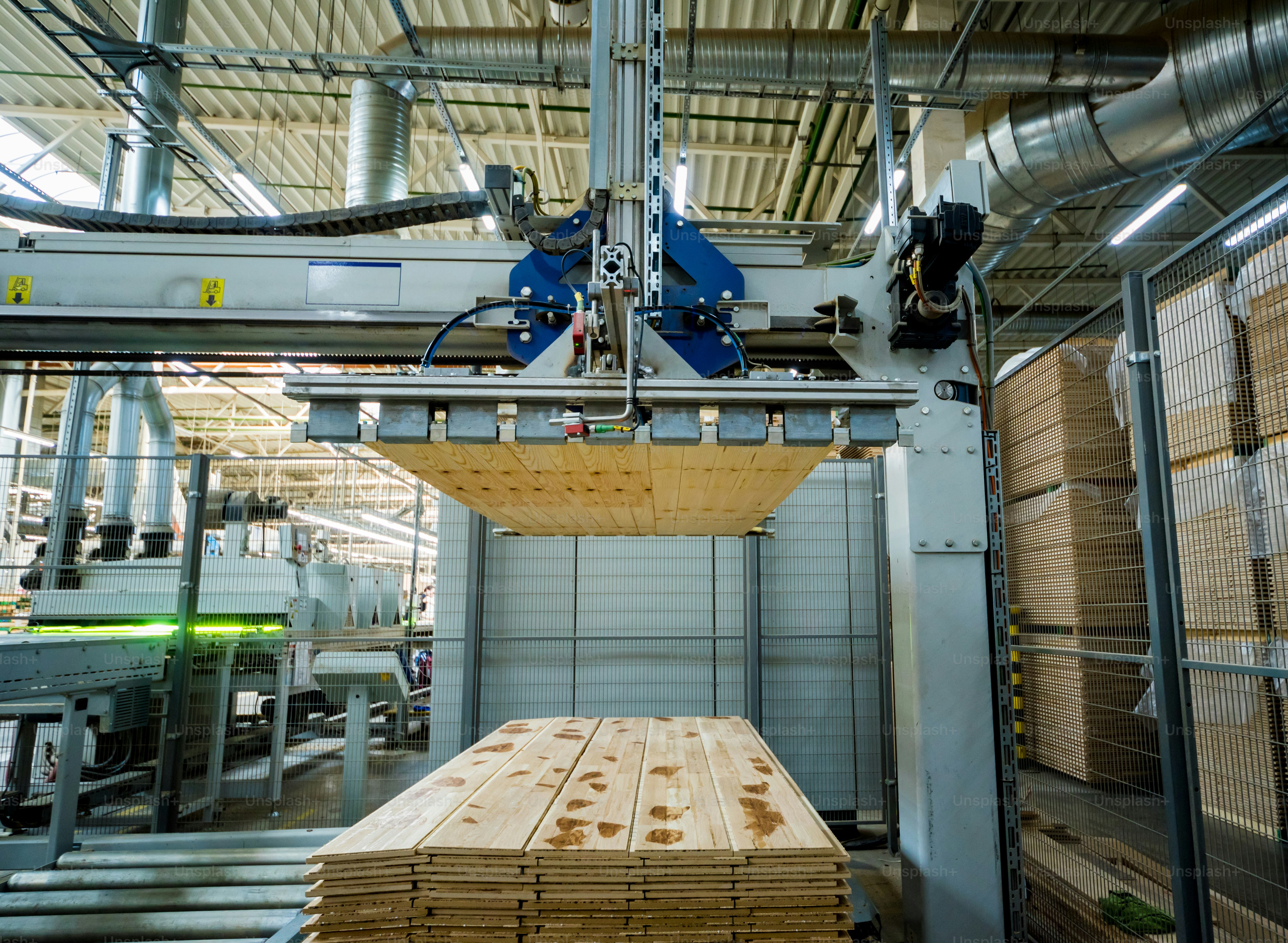 Production line of the wooden floor factory. CNC automatic woodworking ...