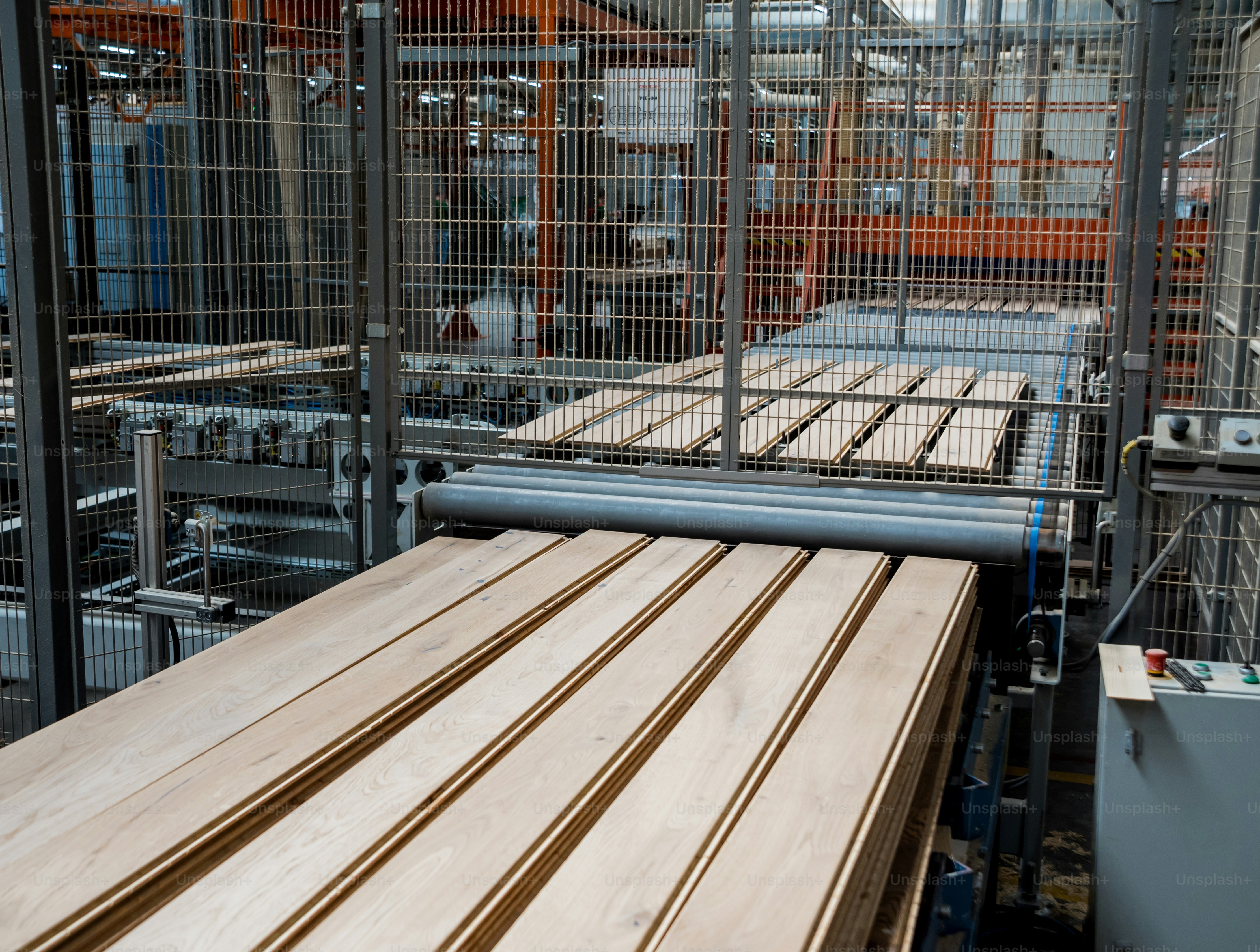 Production line of the wooden floor factory. CNC automatic woodworking ...