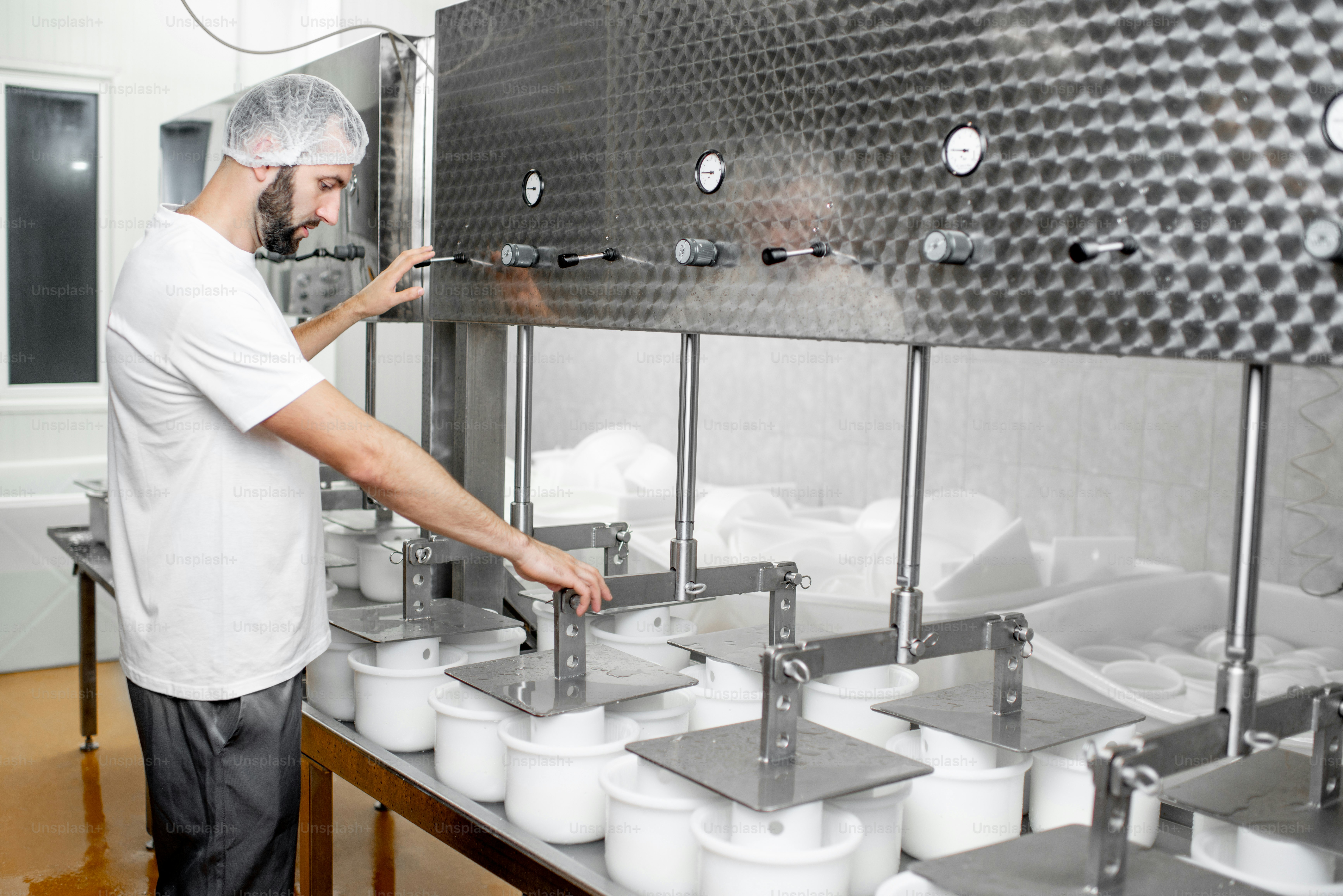 Worker operating press machine pressing cheese at the manufacturing ...