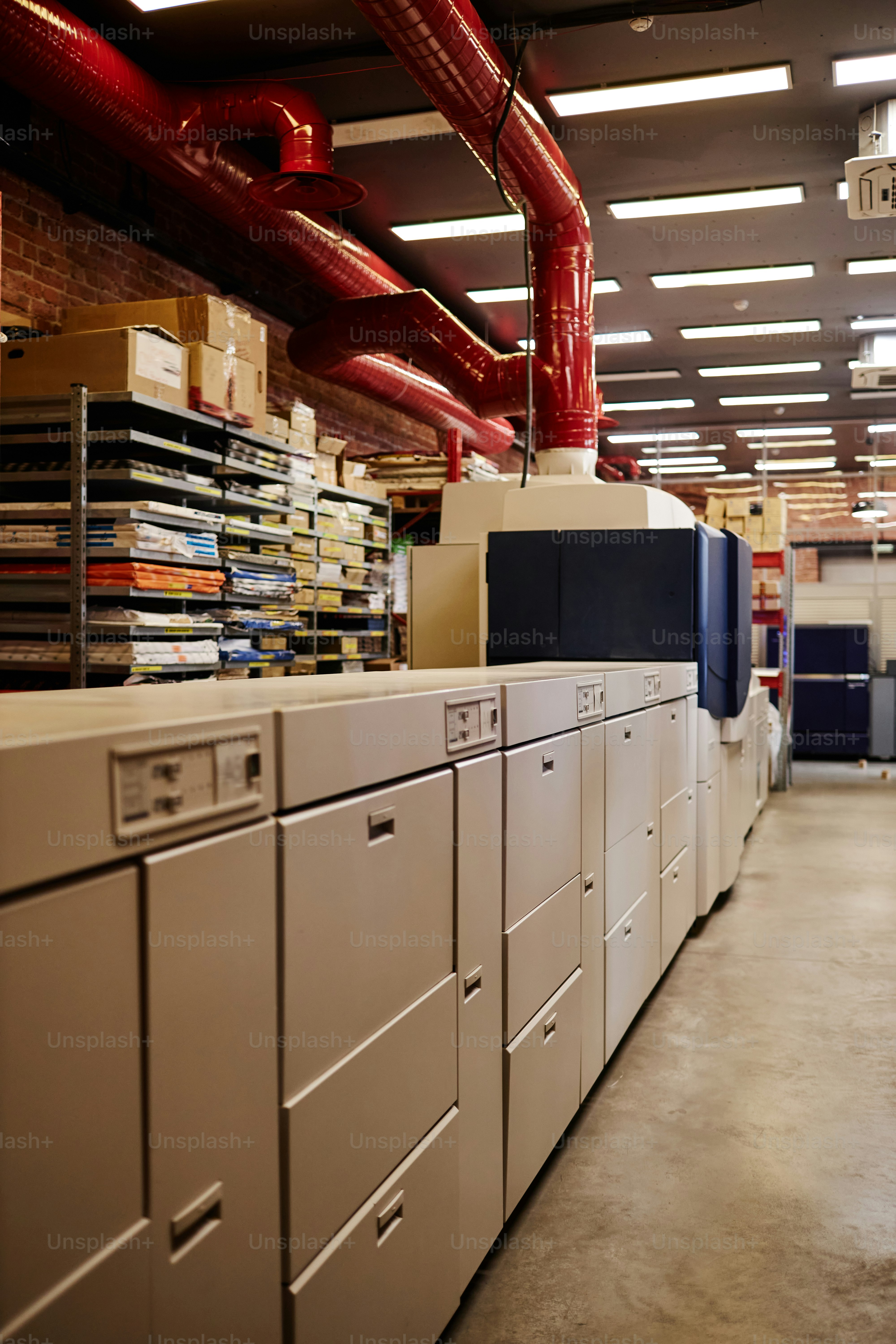 Wide angle background image of printing factory workshop, copy space ...