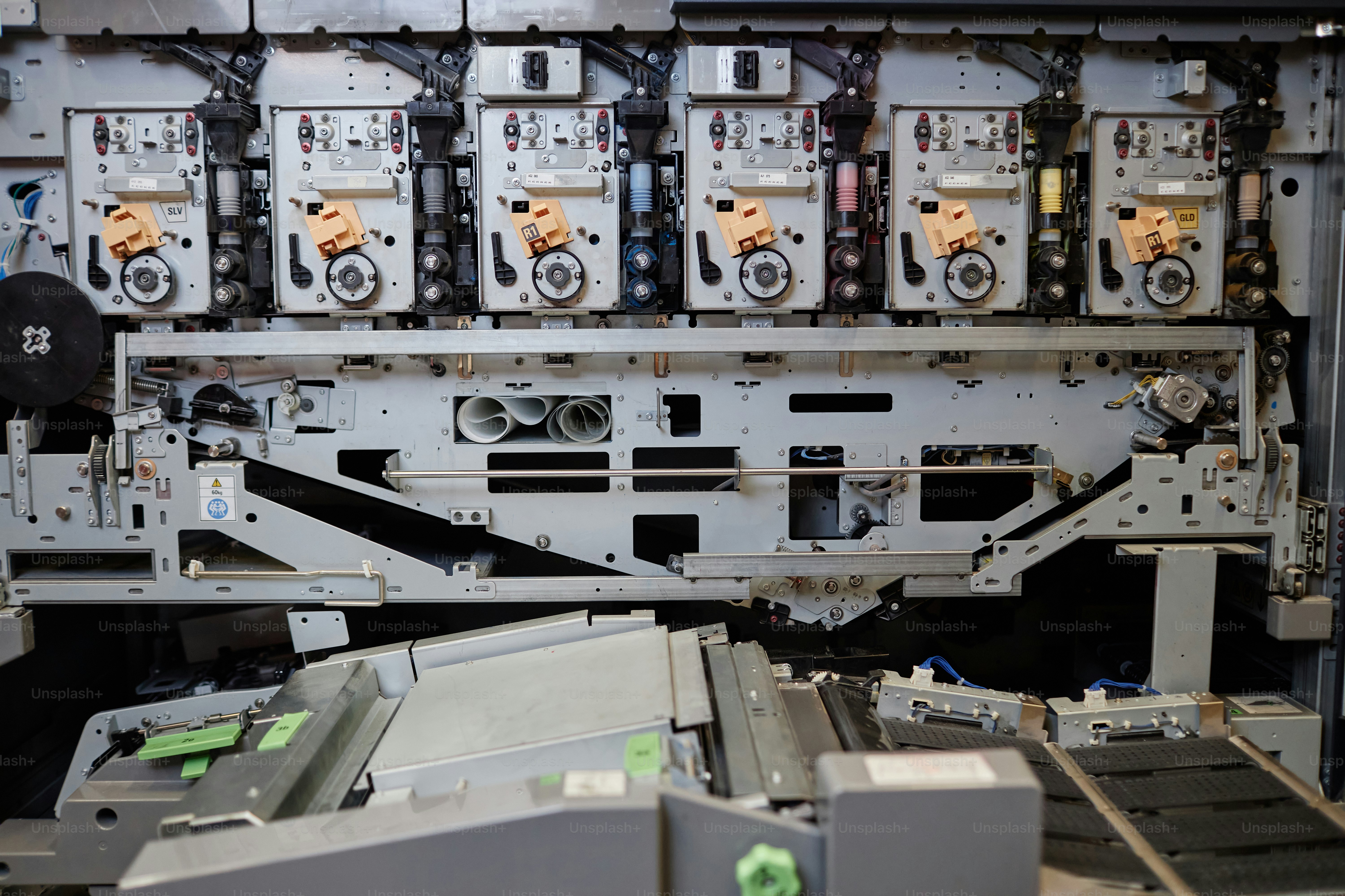 Tech background image of industrial printing machines in workshop photo ...