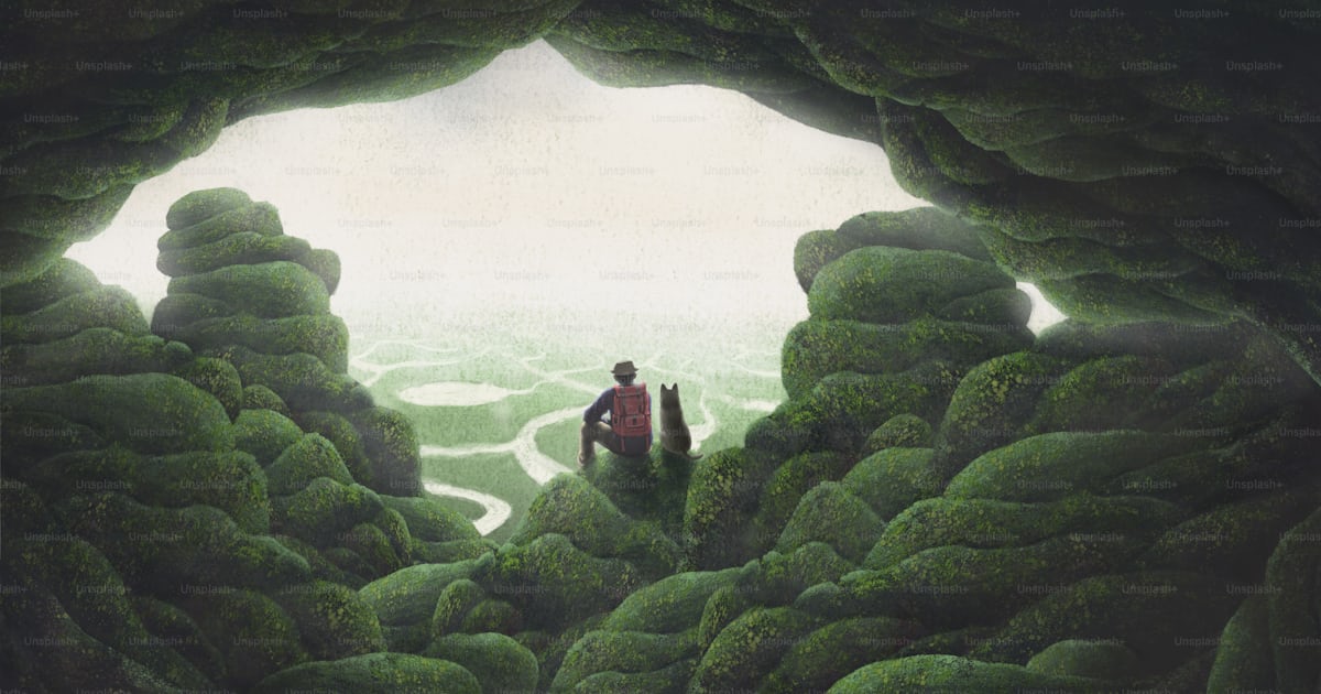 백패커와 그의 개는 자연 풍경 판타지 그림 삽화 사진 Unsplash의 바깥 이미지
