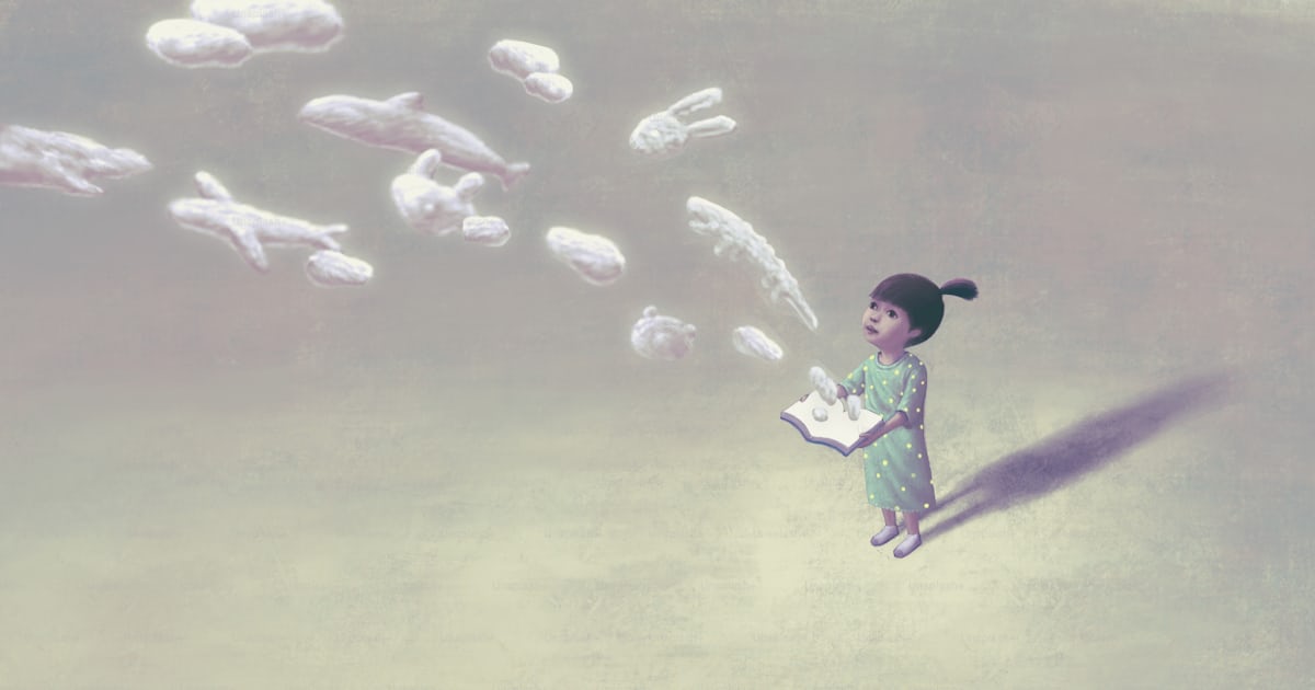 소녀와 함께하는 상상의 책 교육의 꿈 희망 영감 자유 개념 초현실적인 그림 판타지 아트 개념 예술 작품 아이의