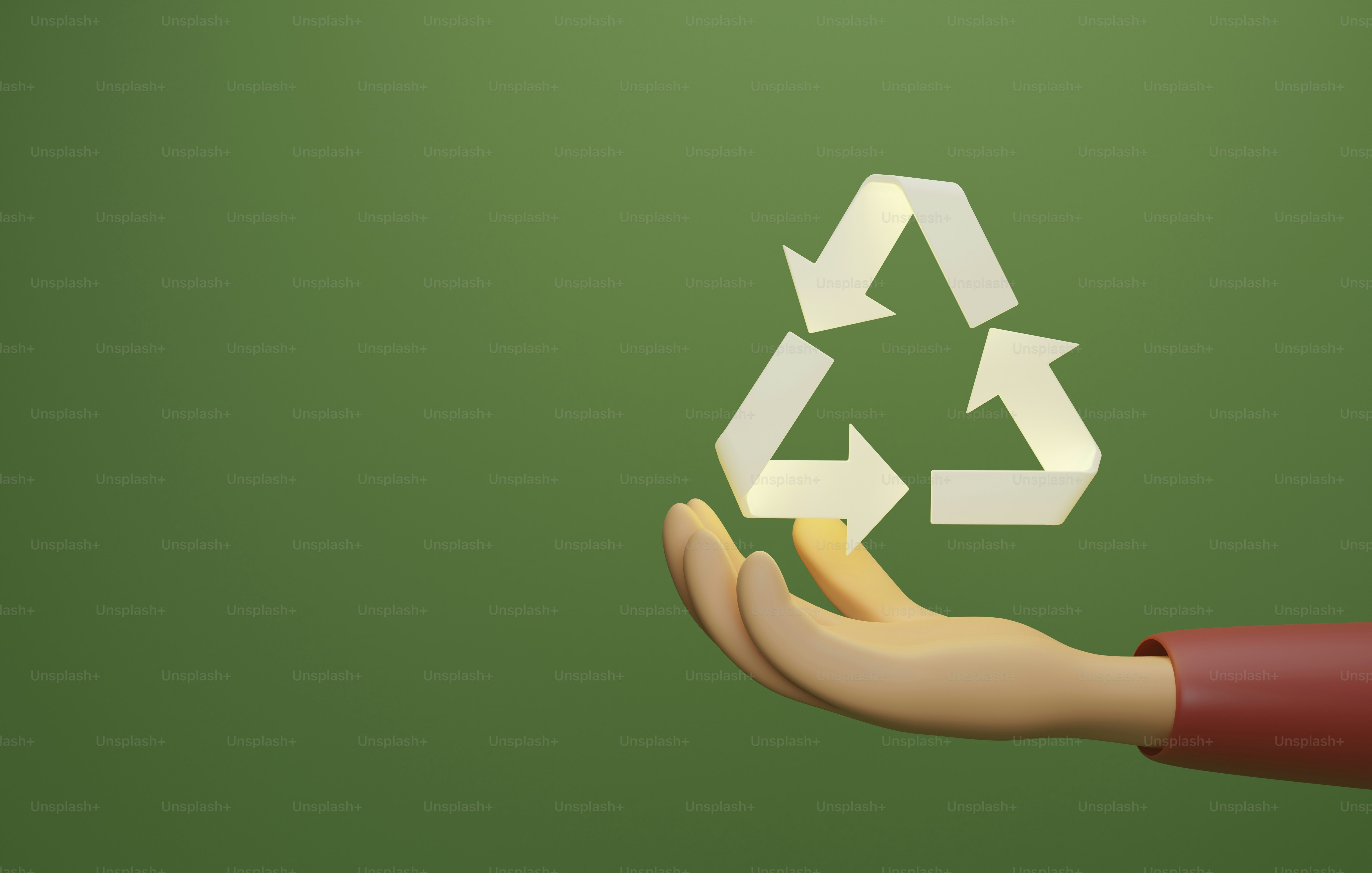 Recycle icon with light in hand on a dark green background. Reuse ...