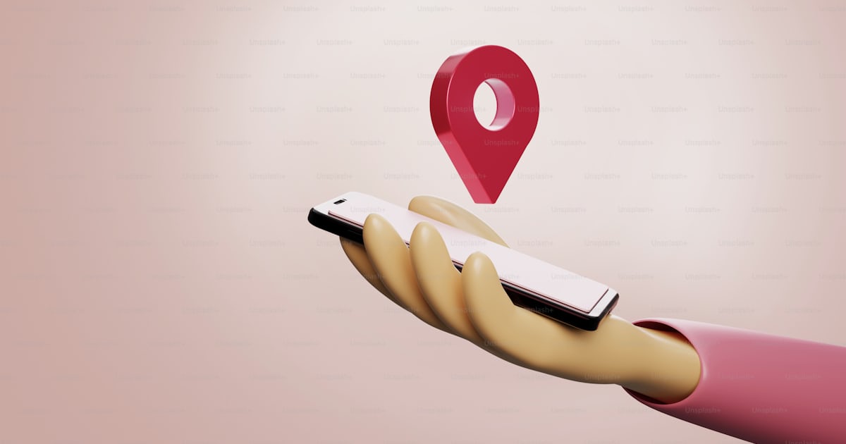 스마트폰 손에 빨간색 로케이터 핀 응용 프로그램에 위치가 있는 Gps 네비게이터 3d 렌더링 그림입니다 사진