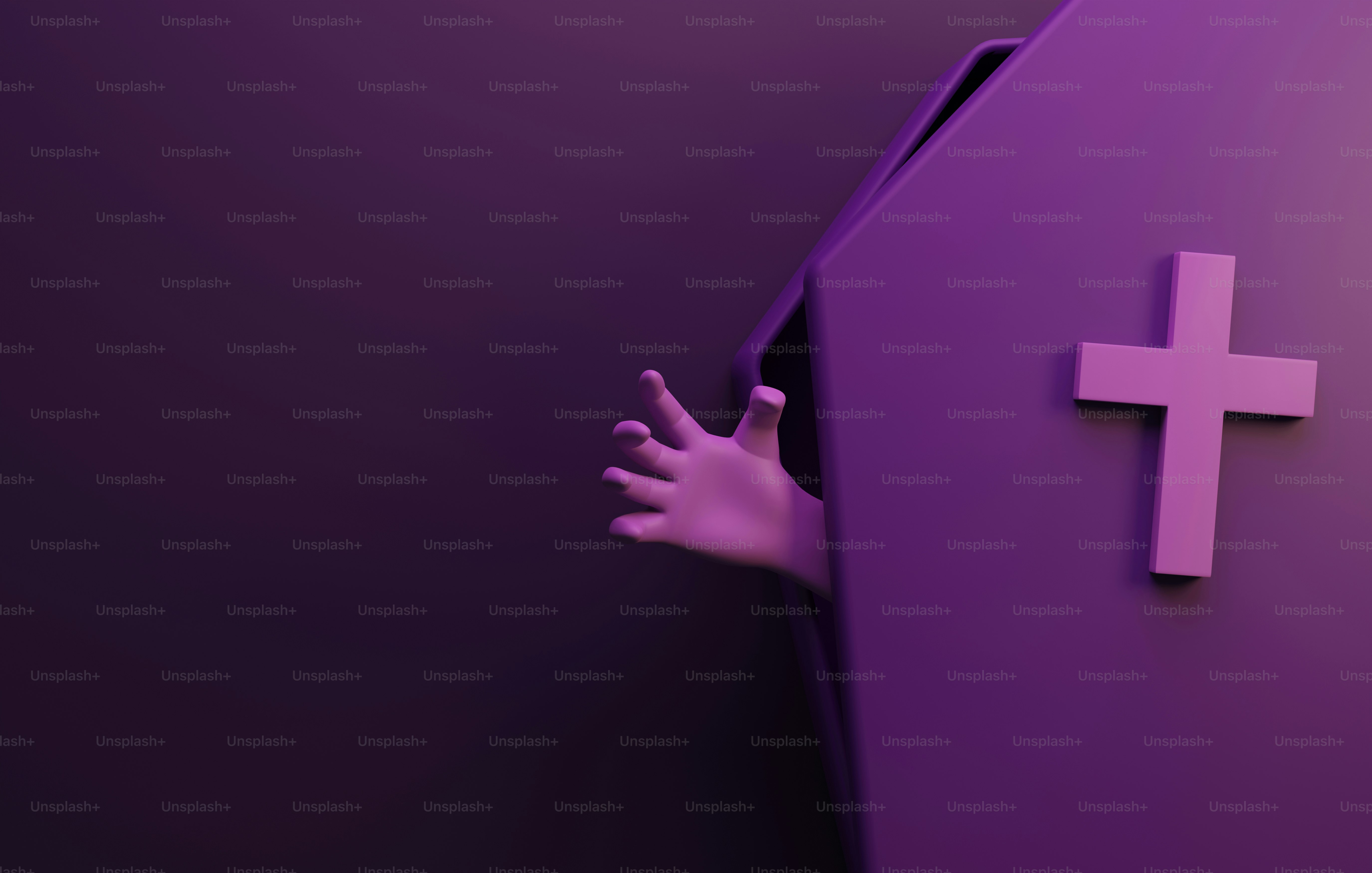 Purple hand reaching out from coffin on dark purple background ...