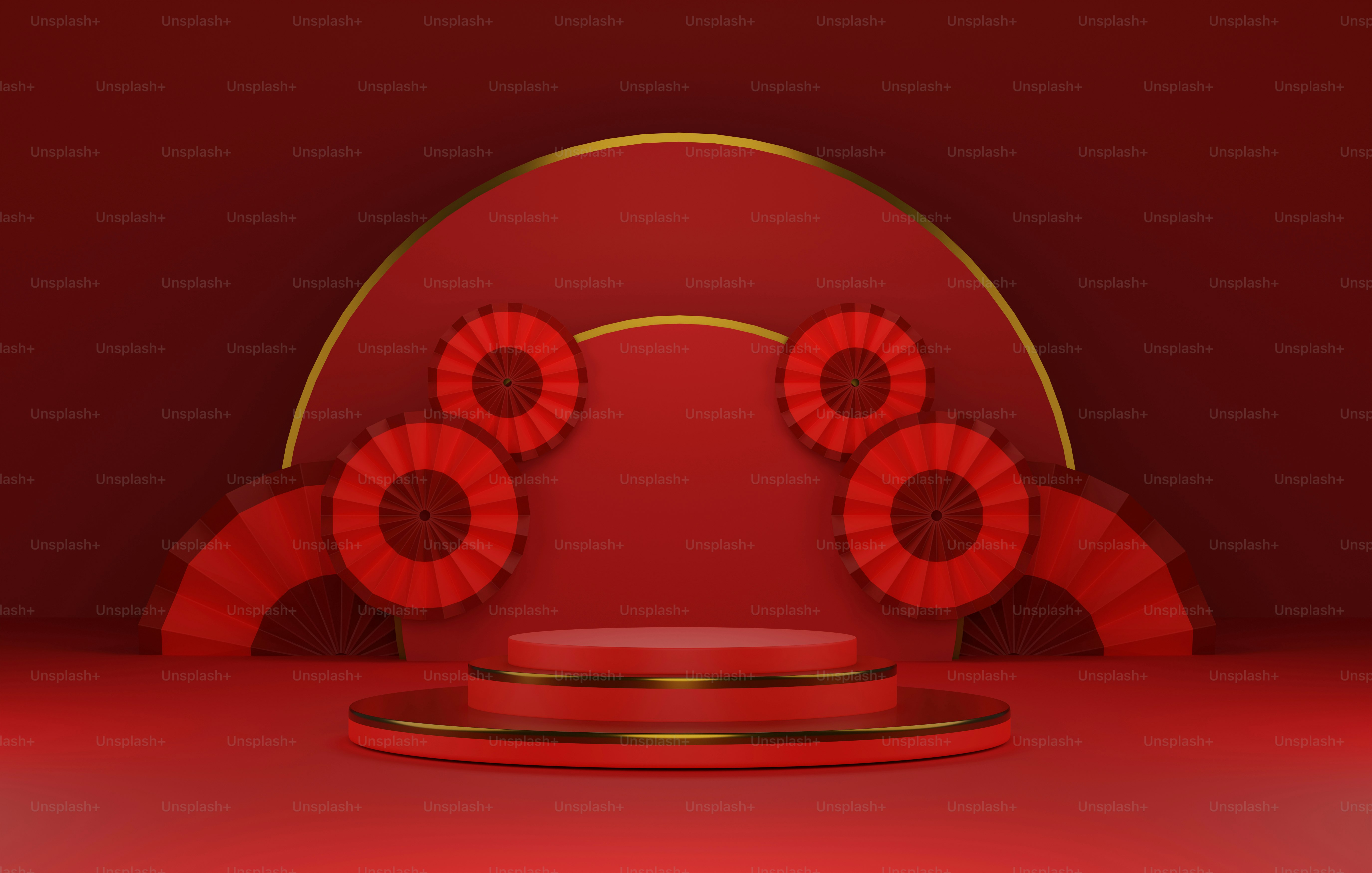 Chinese New Year style gold border red round plinth with geometric ...