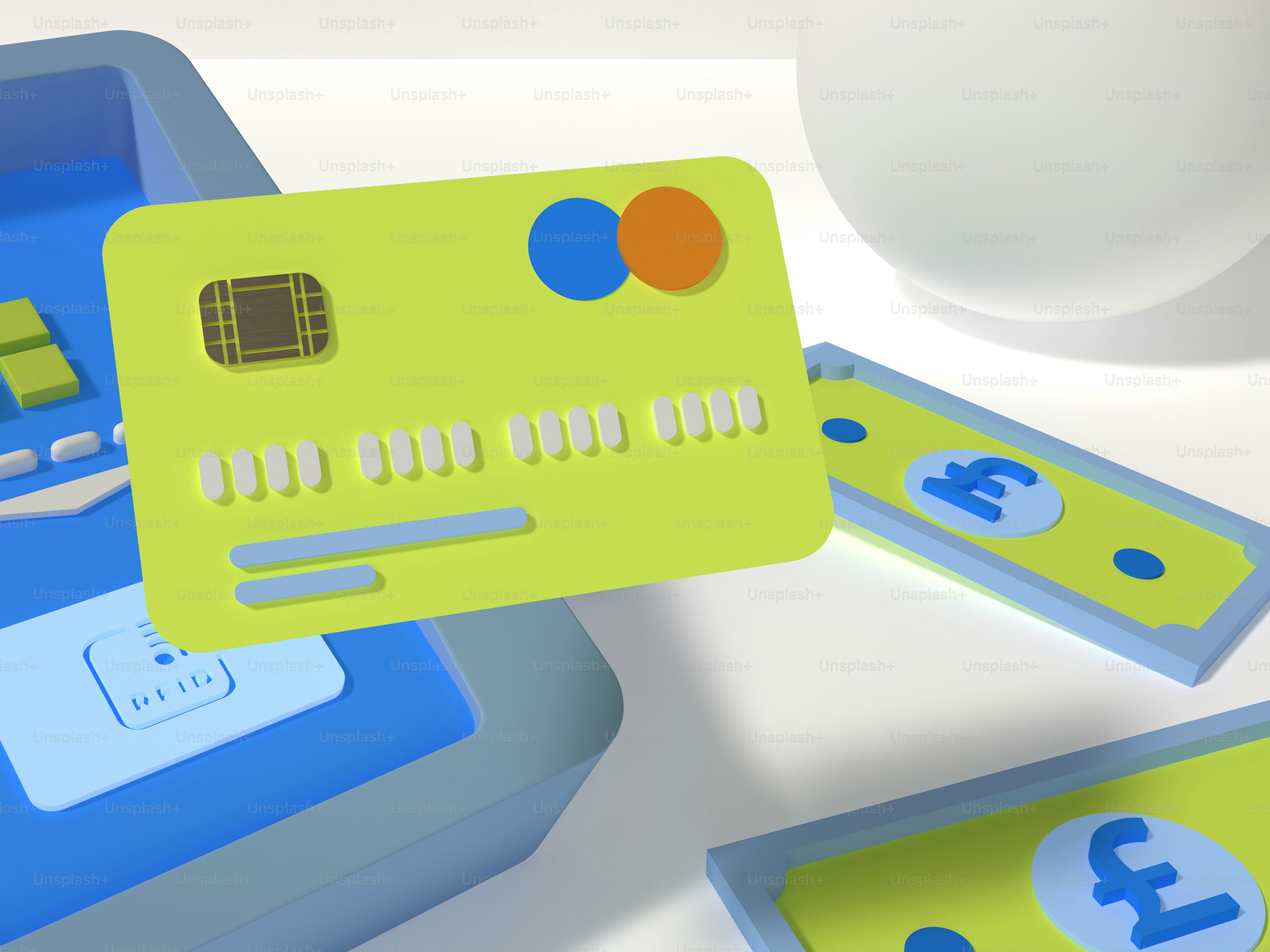 A green and blue credit card sitting next to each other photo ...