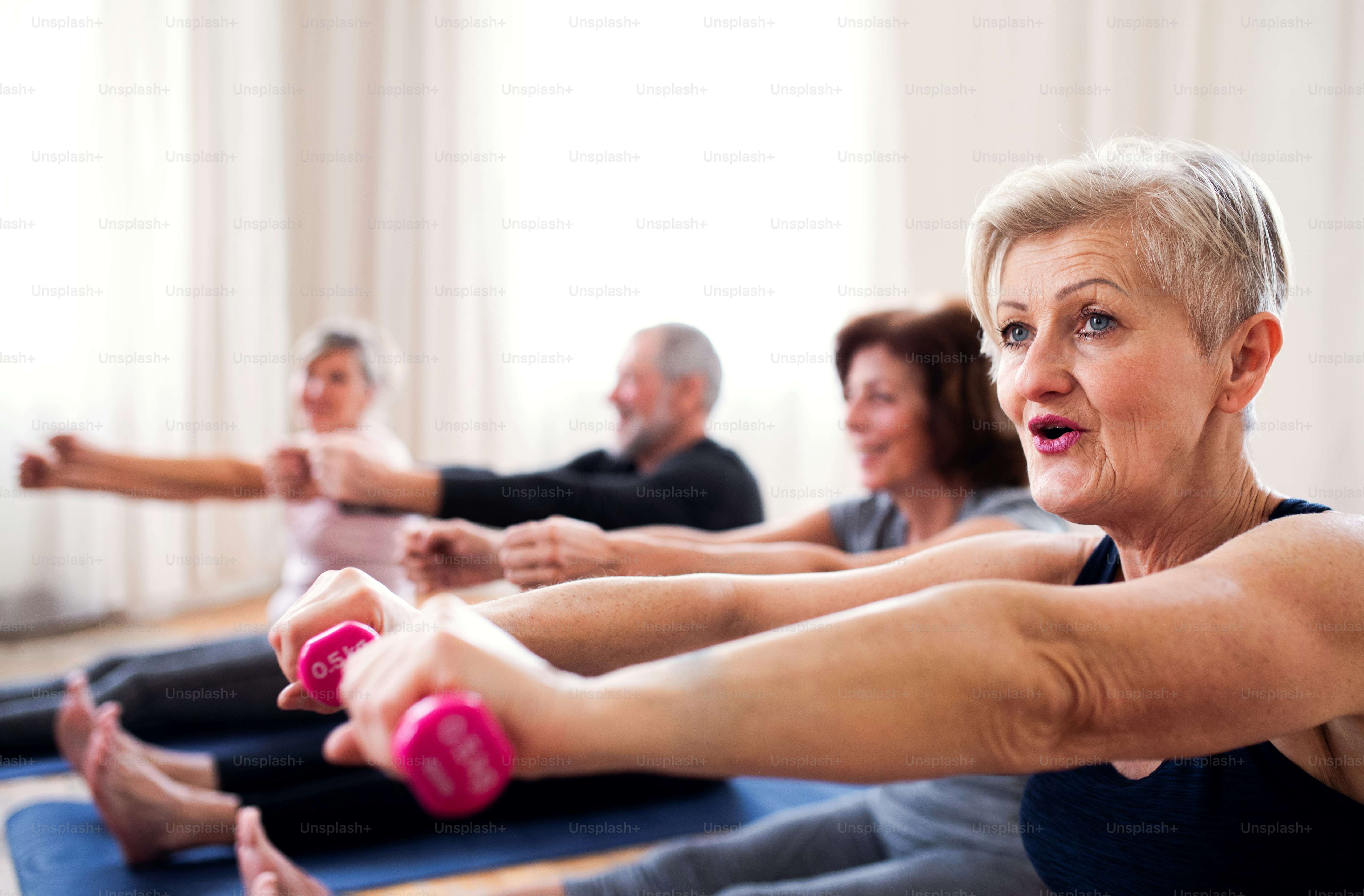 Group of active senior people doing exercise with dumbbells in ...