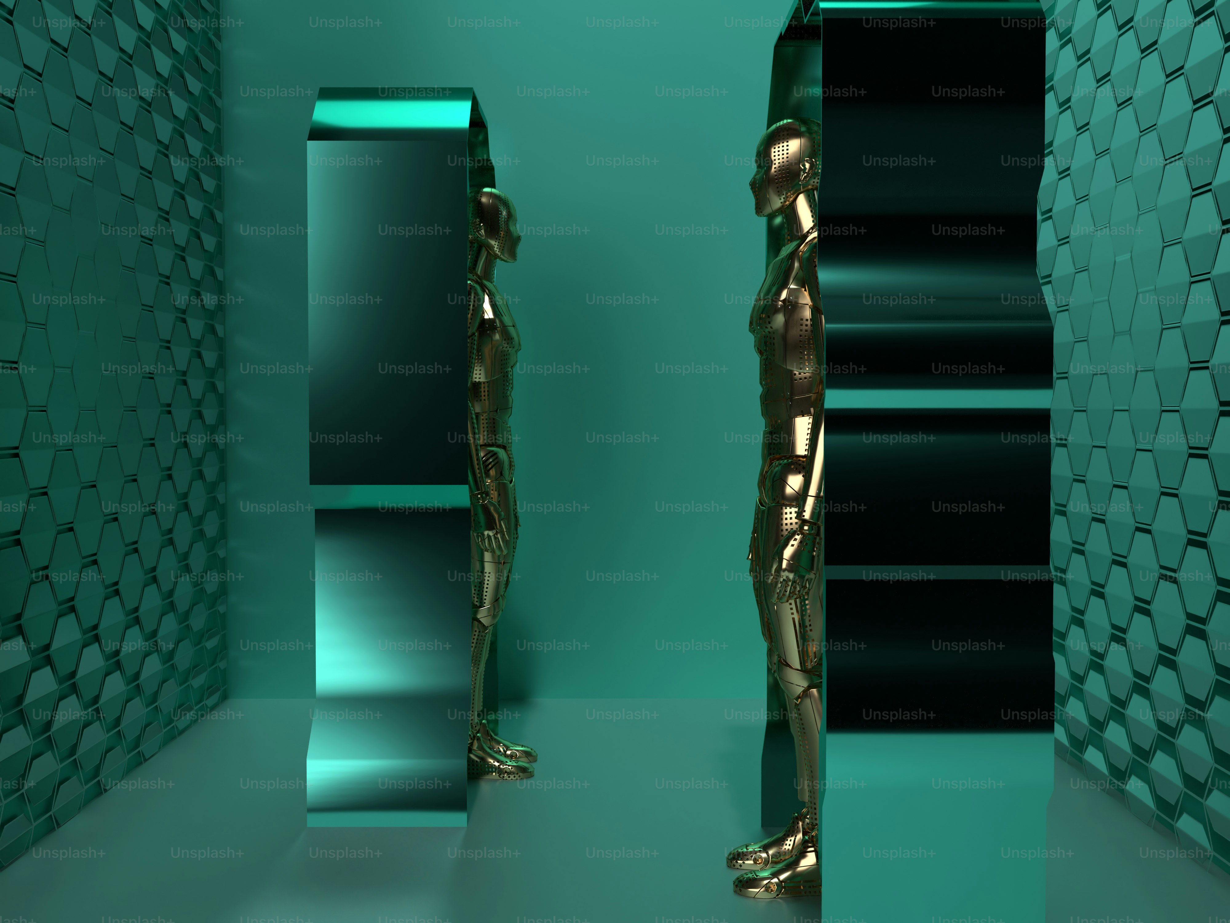 A gold statue standing in a green room photo – Artificial intelligence ...