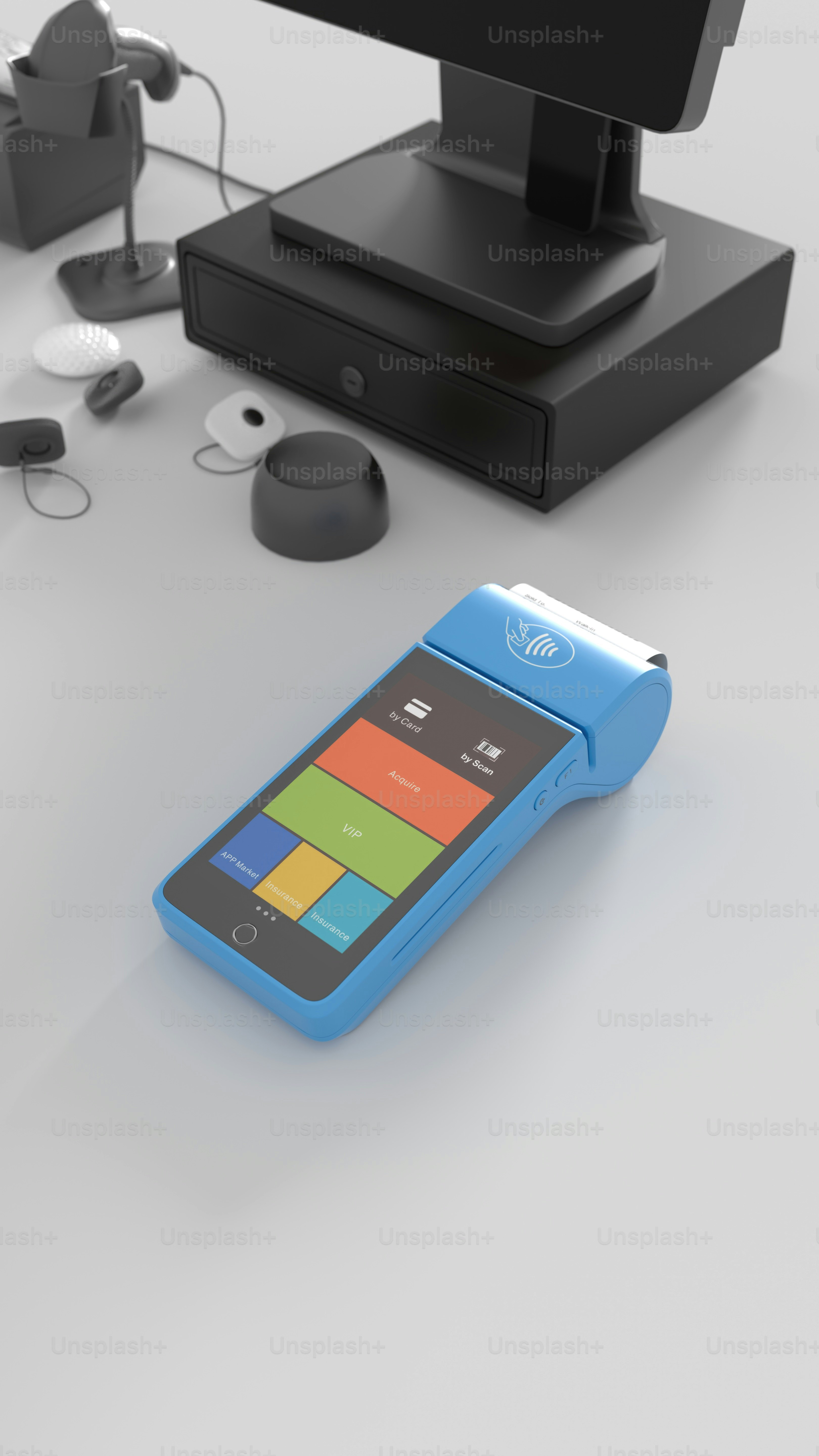 A cell phone sitting next to a computer monitor photo – 3d render Image ...