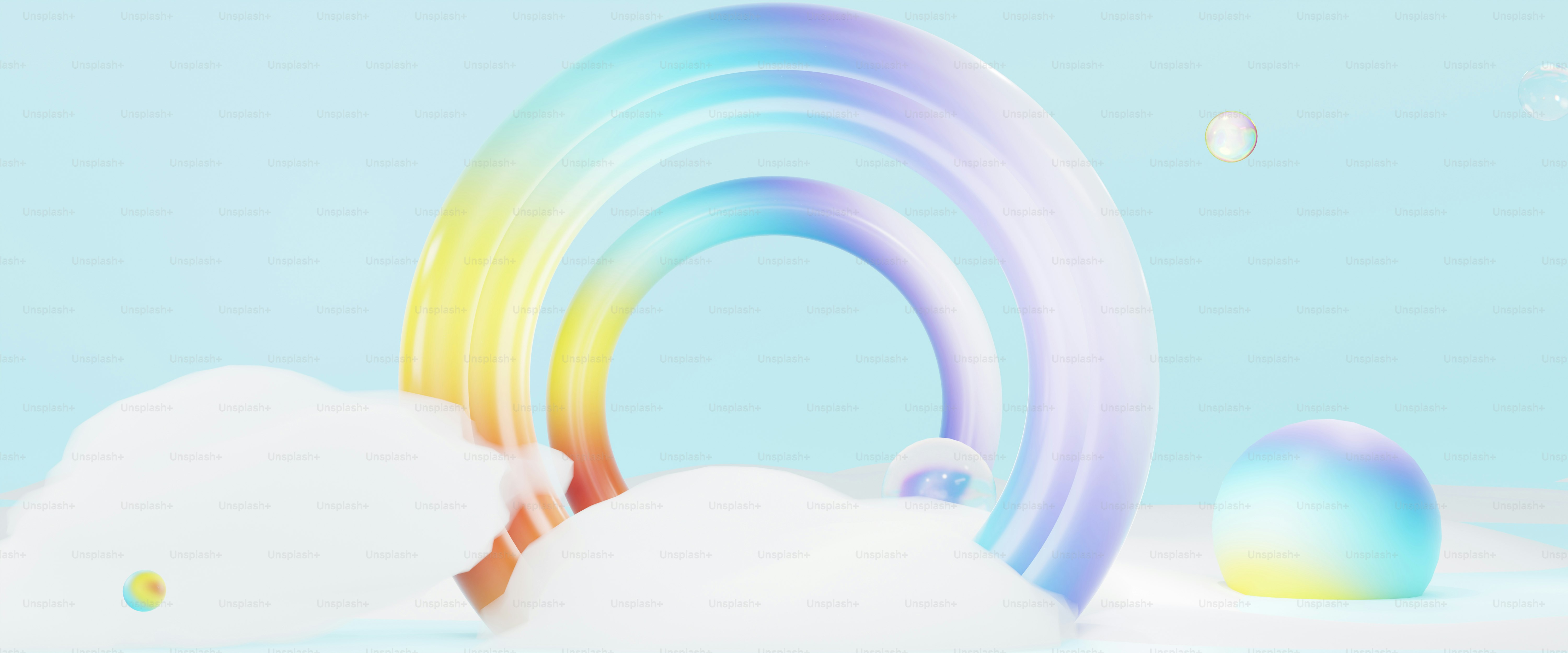 A rainbow colored object in the middle of a blue background photo ...