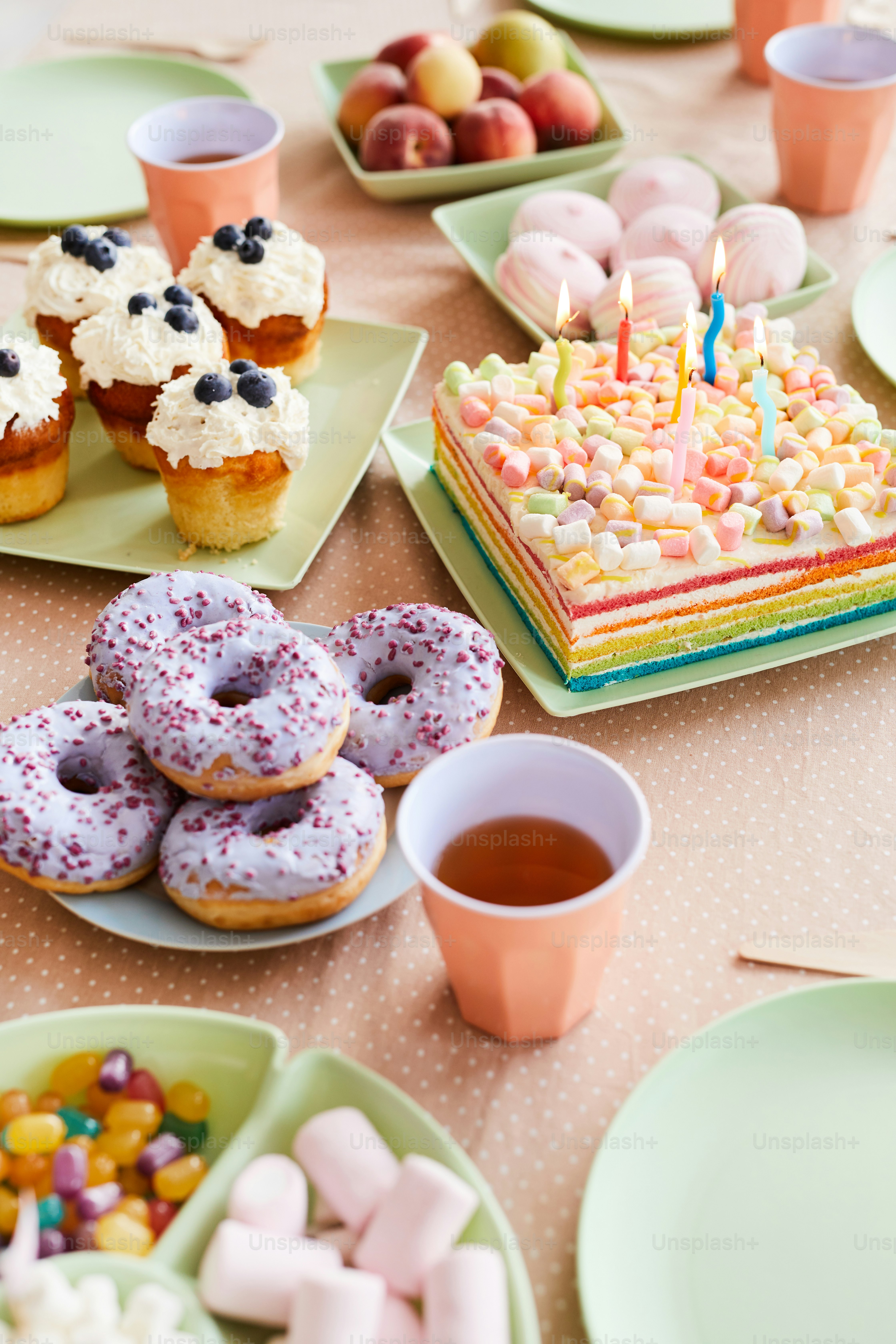 Above view background image of dinner table set with sweets and cake ...