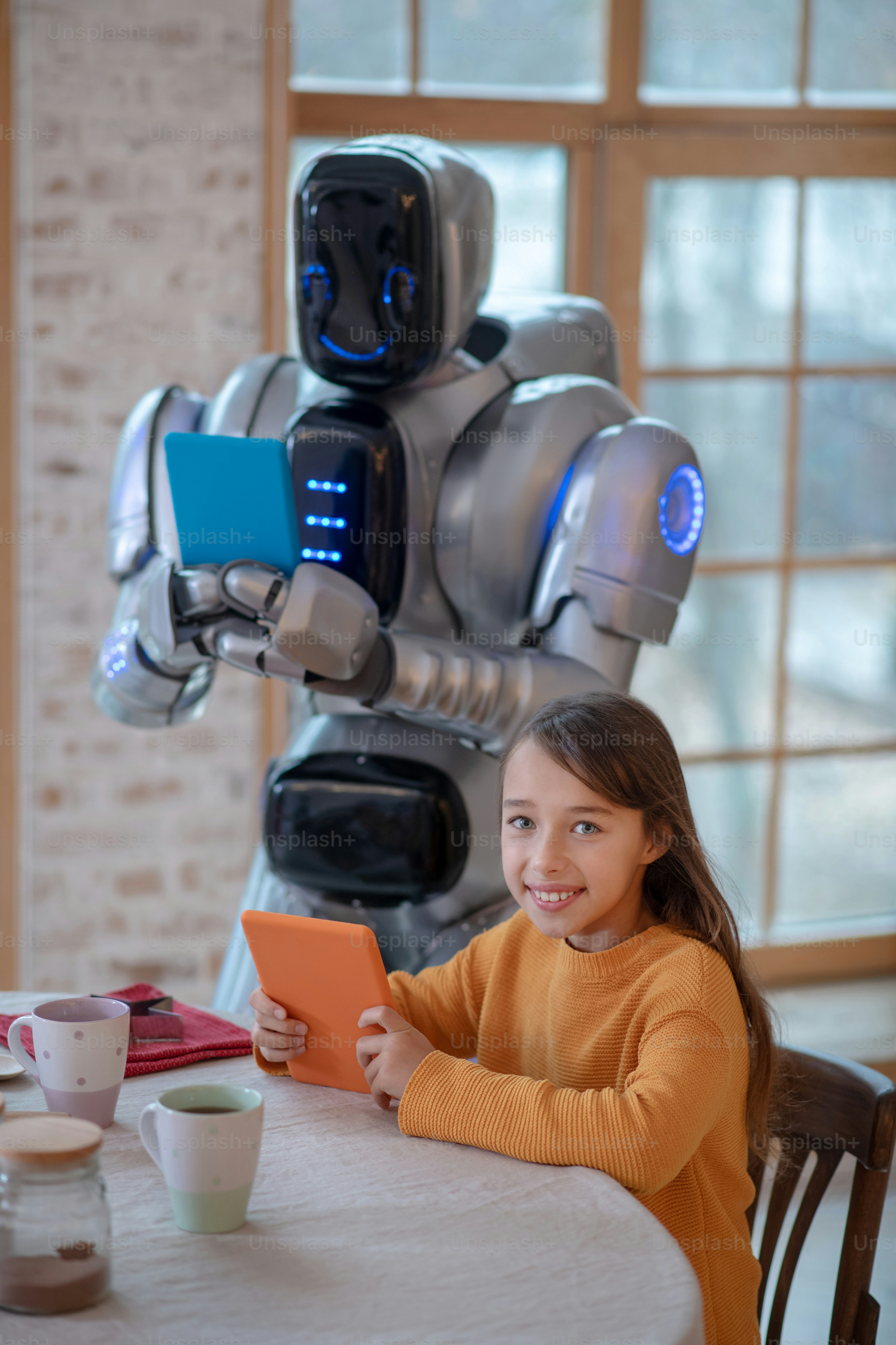 Correction needed. Robot teacher pointing to mistake in writing while ...