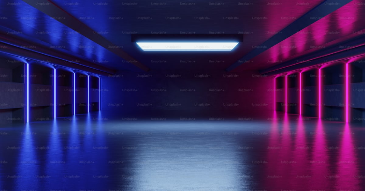 추상적인 파란색과 분홍색 네온 불빛 모양은 콘크리트 배경 3d 렌더링으로 제품을 배치하기 위해 검은색 배경에 있습니다 사진
