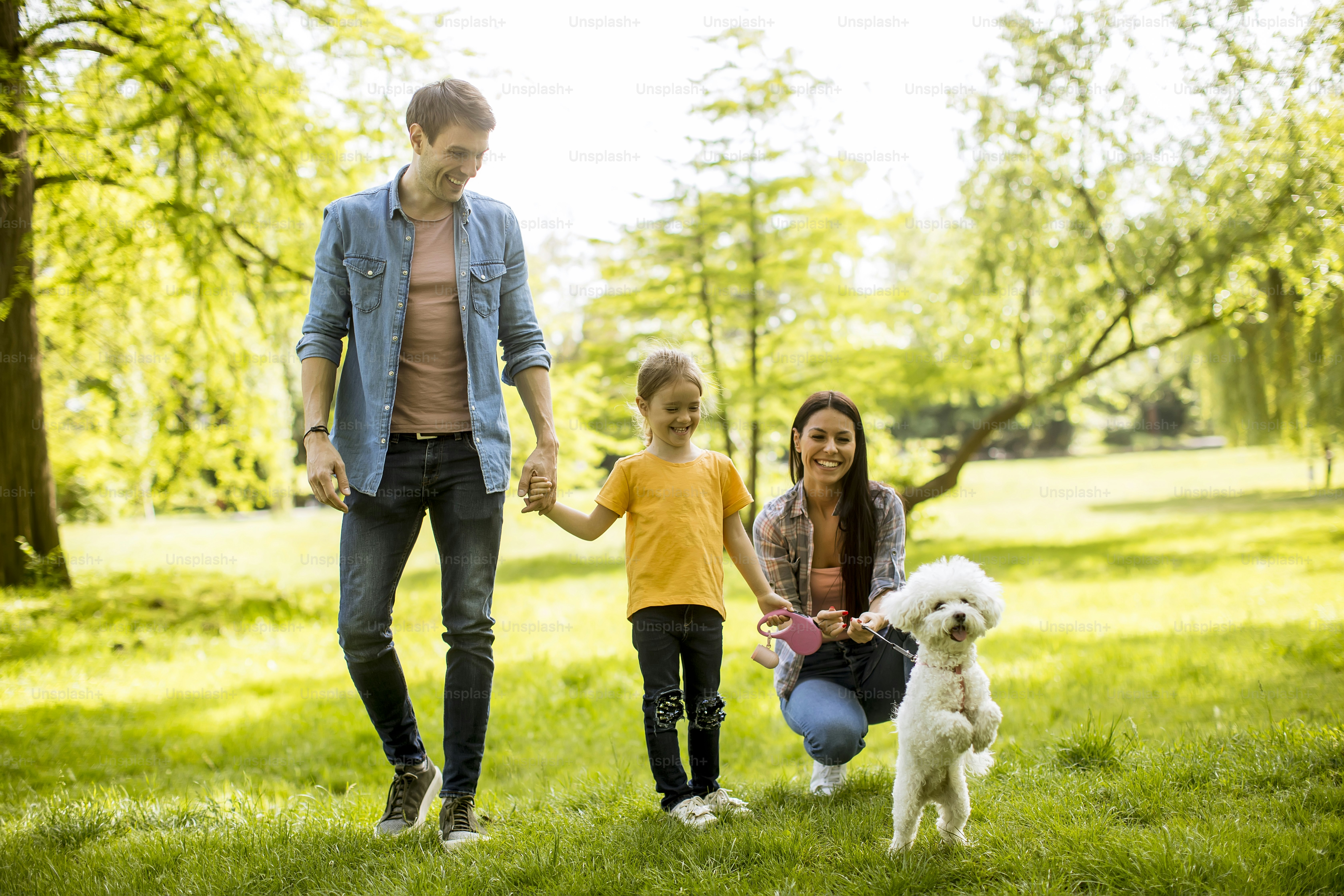 Beautiful happy family is having fun with maltese dog outdoors in the ...