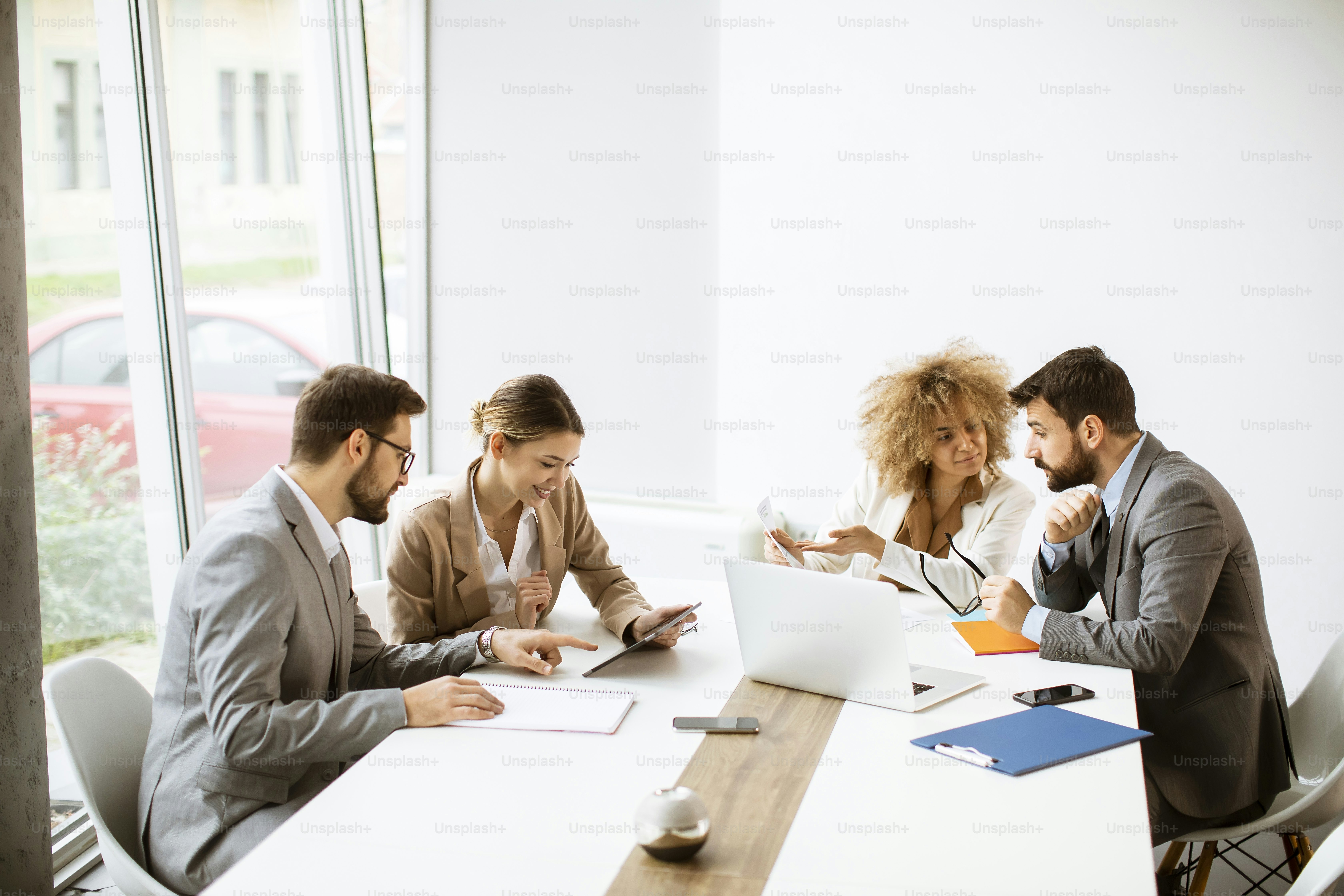Overhead view at group of multiethnic business people working together ...
