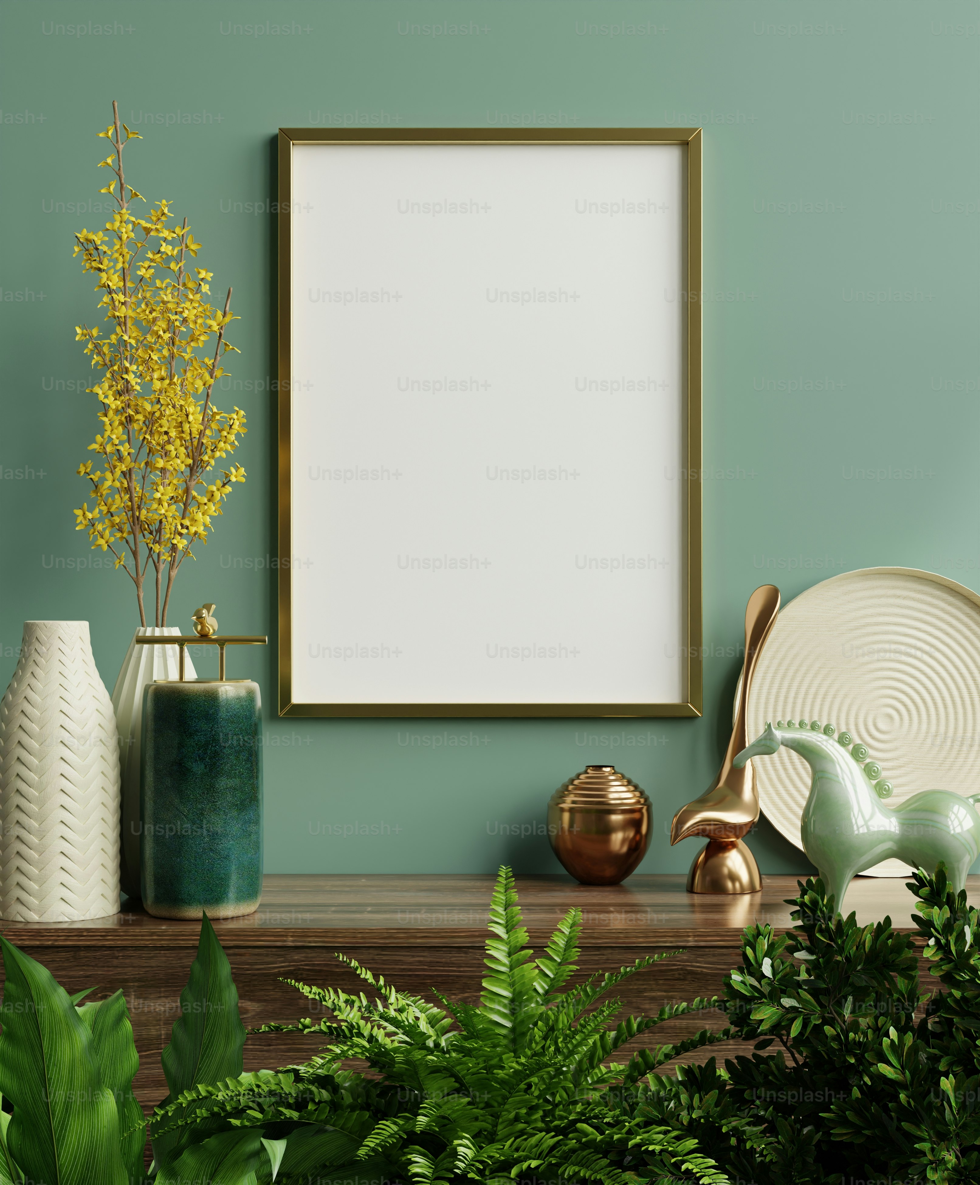 Mockup photo frame on the green shelf with beautiful plants,3d ...